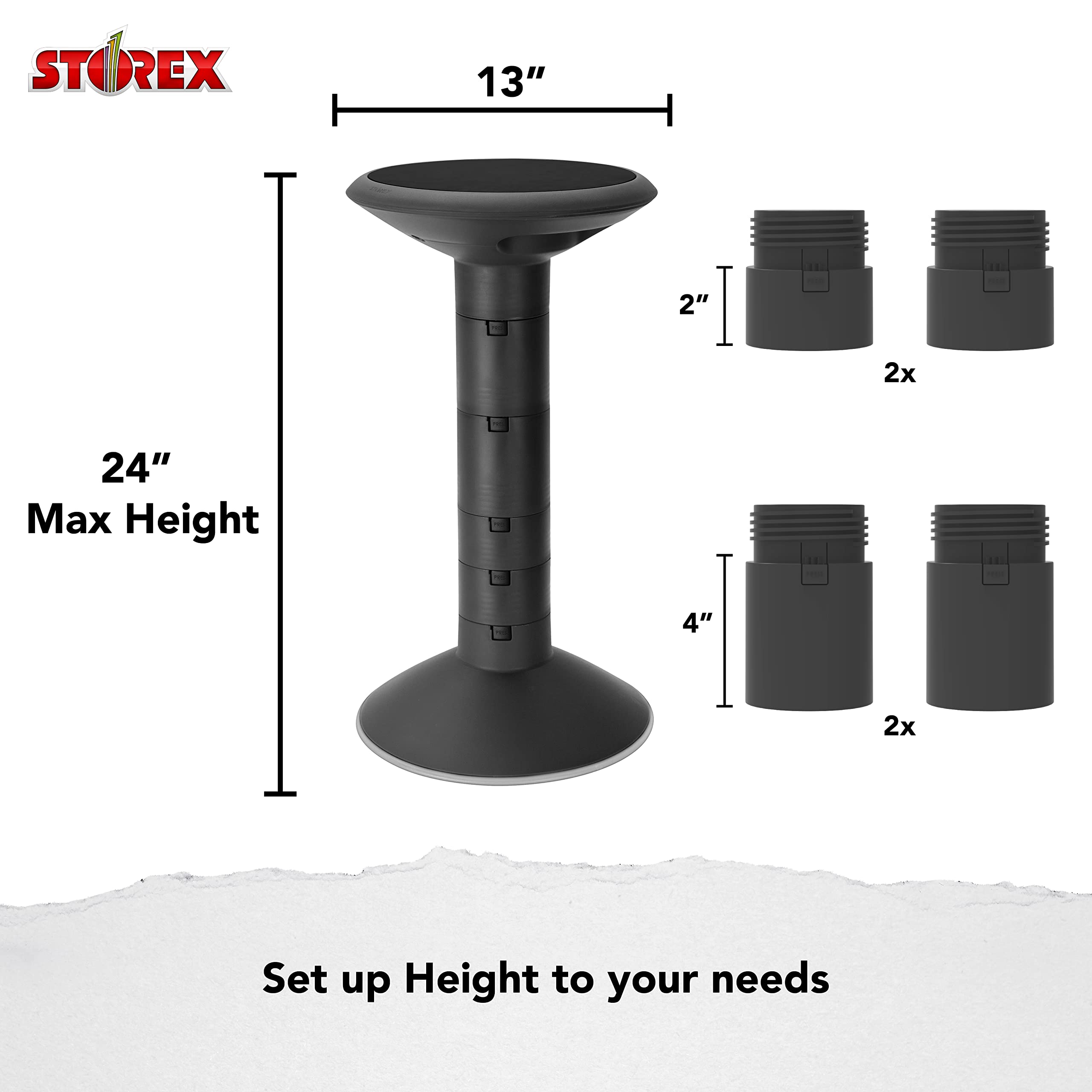 Storex Active Tilt Stool – Ergonomic Seating for Flexible Office Space and Standing Desks, Adjustable 12-24 Inch Height, Black (00320A01C)