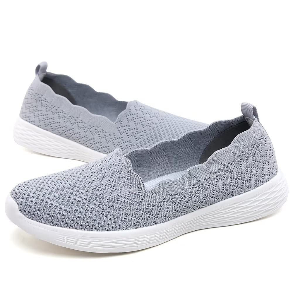 Puxowe Women's Slip on Wide Walking Flat Shoes-Comfortable Low-Top Knit Width Loafer Sneaker Light Gray Size 8.5 US