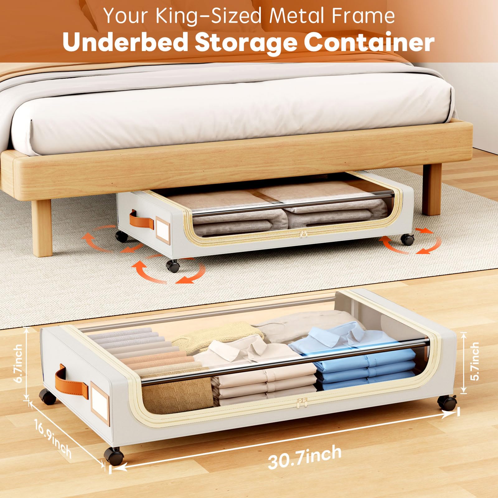 Yoleduo Underbed Storage Containers with Wheels,2 Pack Under bed Shoe Storage Organizer Box with Clear Lid Drawer Bins Bag for Organizing Clothes, Blanket,Shoe Bedroom (Large White)