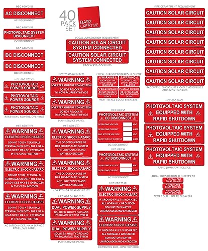 PV Solar System Install Label Kit | 40 Pack | 2020 | 2017 Photovoltaic Safety Labels | Electrical Panel Labels |Photovoltaic System Labels | Solar PV Safety Warning Pack