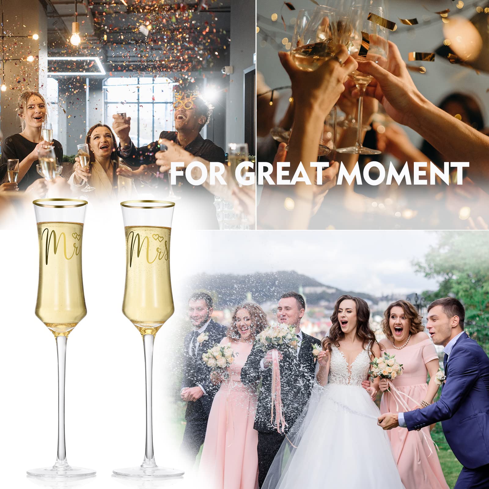 ROXBURGH Champagne Flutes Glasses Set of 2, Hand Blown Crystal Wedding Toasting Flutes for Bride and Groom, Long Stem Mr and Mrs Champagne Glasses for Wedding Engagement Anniversary Christmas Gifts