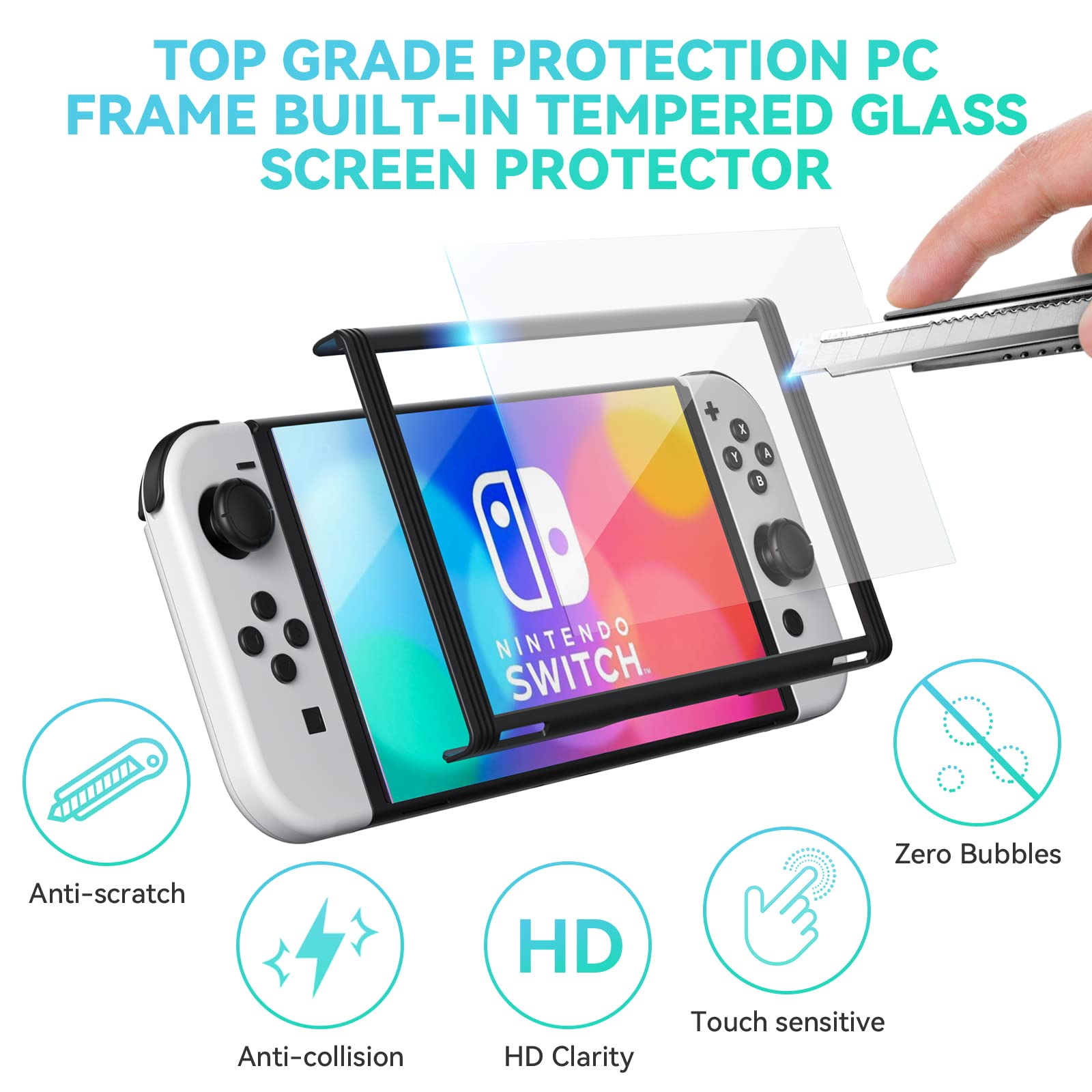 Sibese Protective Case for Nintendo Switch OLED with Tempered Glass Screen Protector, Front Cover Compatible with Switch OLED (2021)(Black)