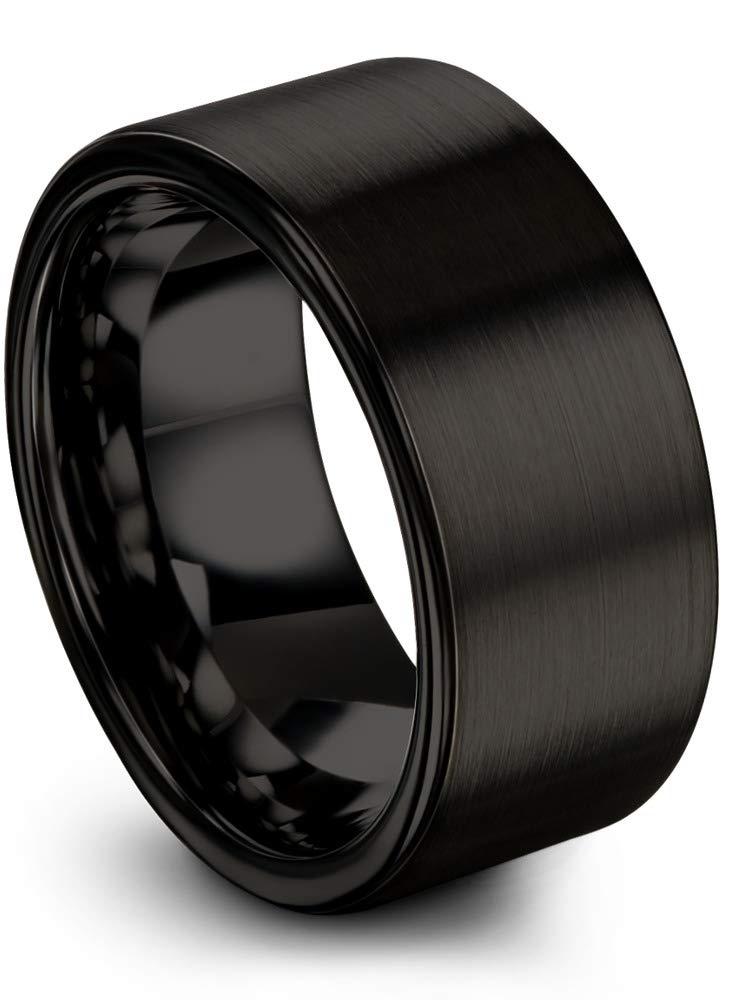 P. Manoukian Tungsten Carbide Wedding Band Ring 10mm for Men Women Black Interior with Black Exterior Flat Cut Brushed Polished Comfort Fit Anniversary Size 9