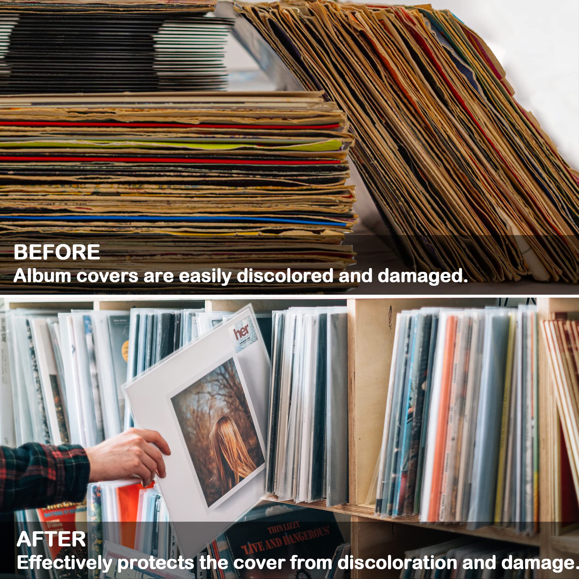 MyLifeUNIT Vinyl Record Sleeves, 110 PCS Clear Plastic Protective Outer Sleeves 3 Mil Thick for Single, Double LP Album Covers, 12.75" x 12.75"
