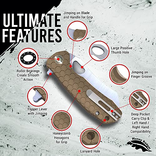 Western Active Honey Badger Wharncleaver Pocket Knife, Steel Blade Everyday Carry Knife, Pocket Knife, Tactical Knife and Folding Knife with Deep Carry Pocket Clip - (Medium Tan HB1039)