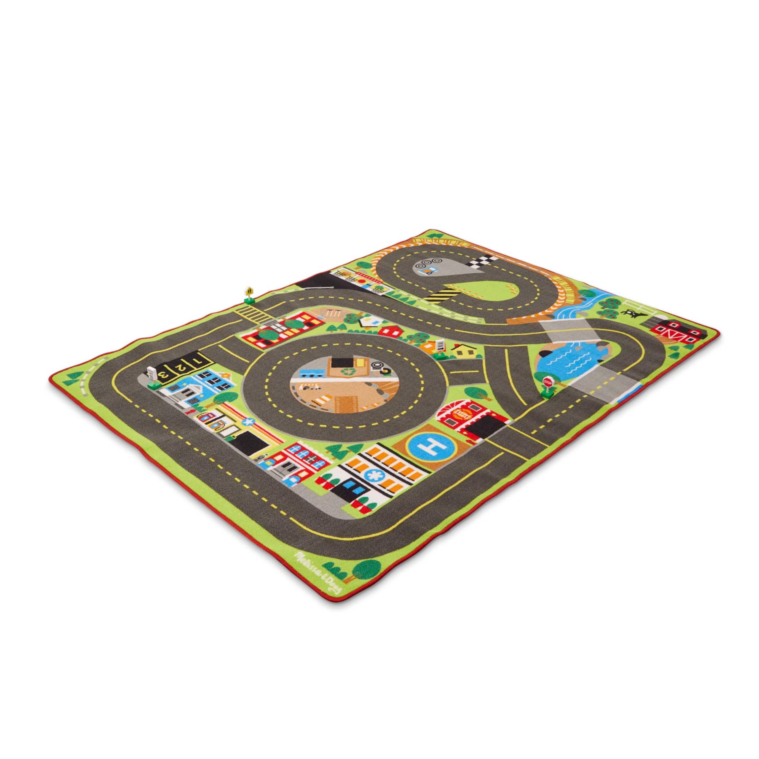 Melissa & Doug Jumbo Roadway Activity Rug, 4 Wooden Traffic Signs, 79"L X 60"W - Pretend Play Road Activity Rug