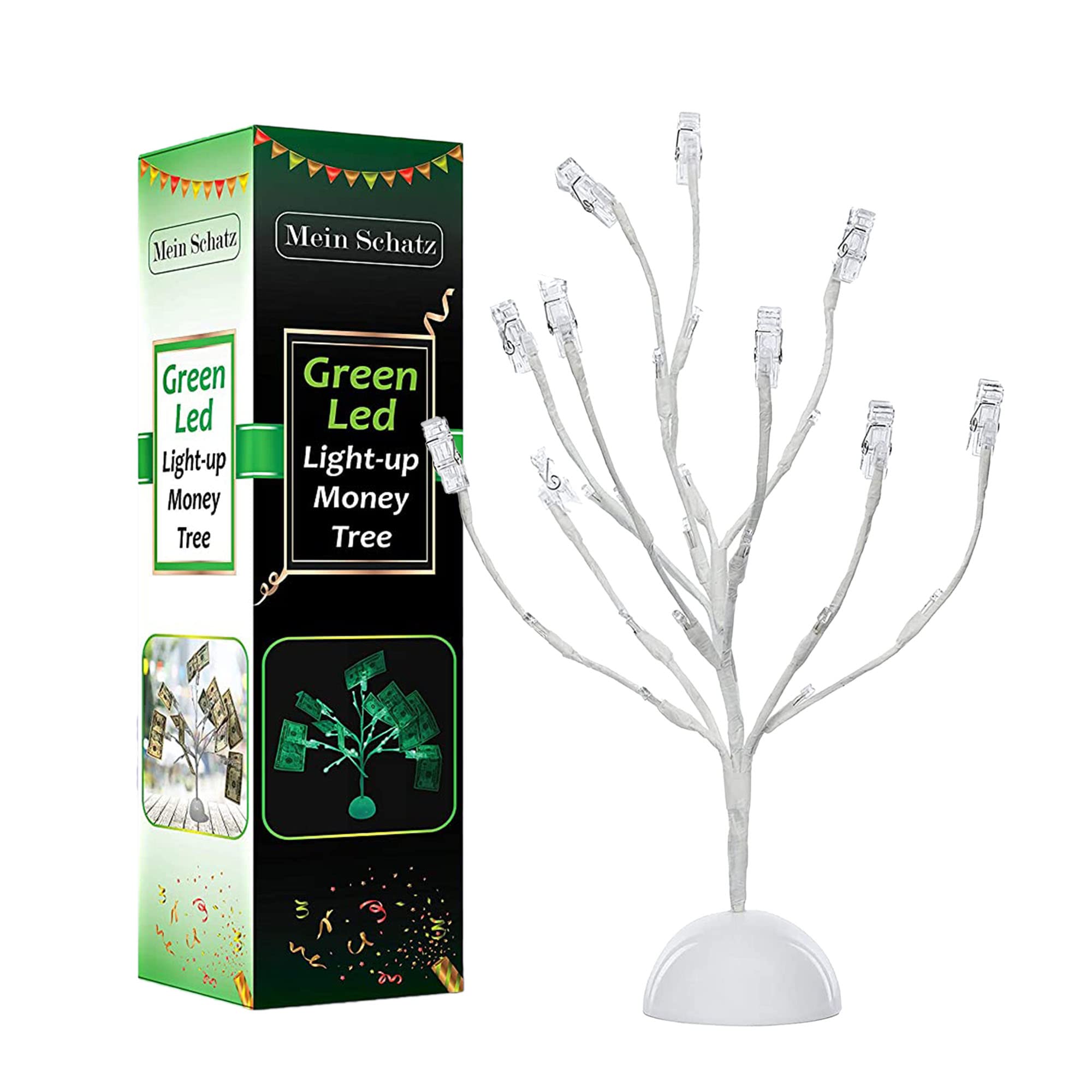MEIN SCHATZ Money Tree Gift Card Holder with 10 Clips & LED Lighted Tips - White Money Tree Gift Holder for Cash - Ideal Present for Wedding, Birthday, Easter & Christmas - Photo & Gift Card Tree