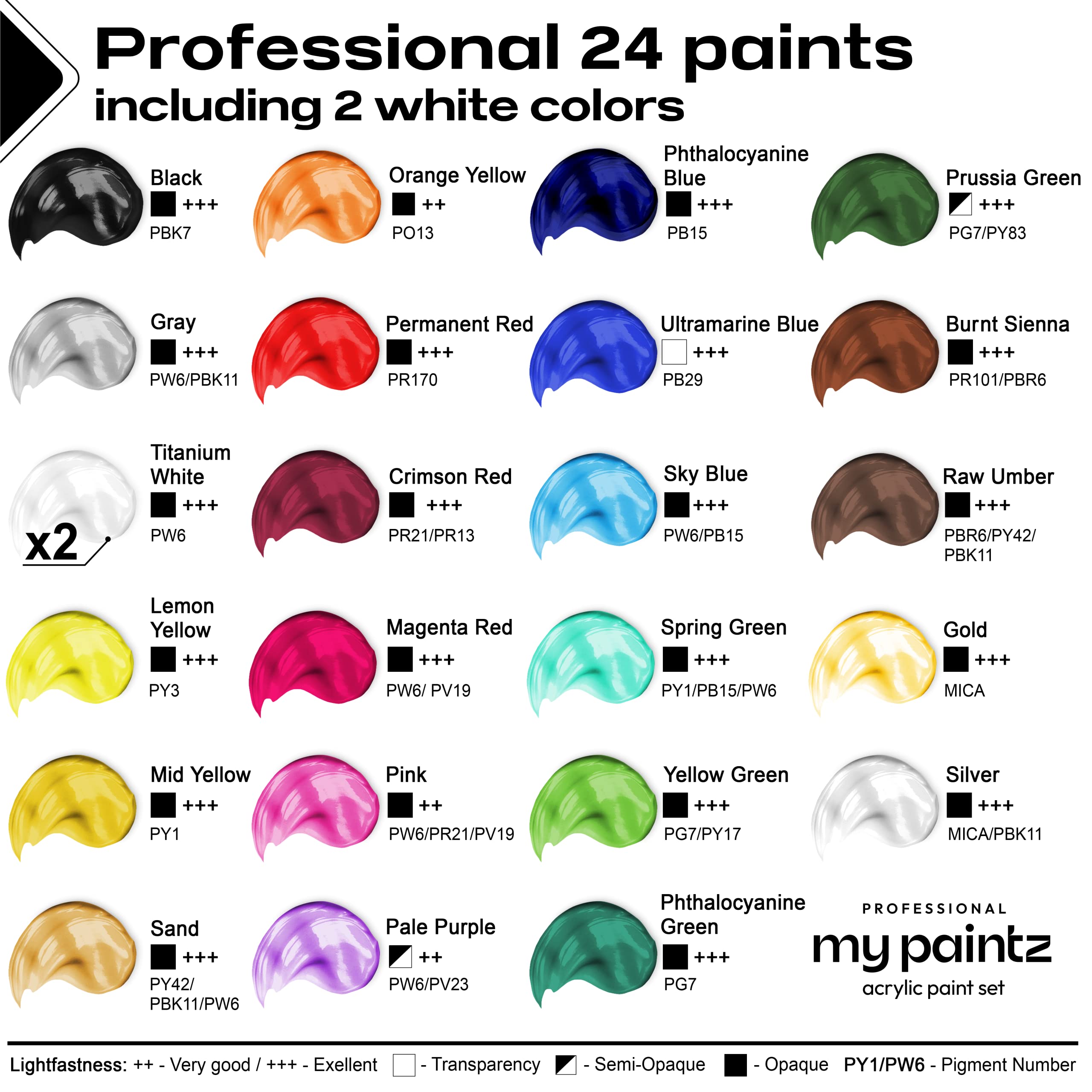 mypaintz Heavy Body Acrylic Paint Set - 24 Colors with 9 Brushes and Pallet - Professional Acrylic Paint Kit (2oz/59ml) - Art Paint - 2 Whites - Thick Paint