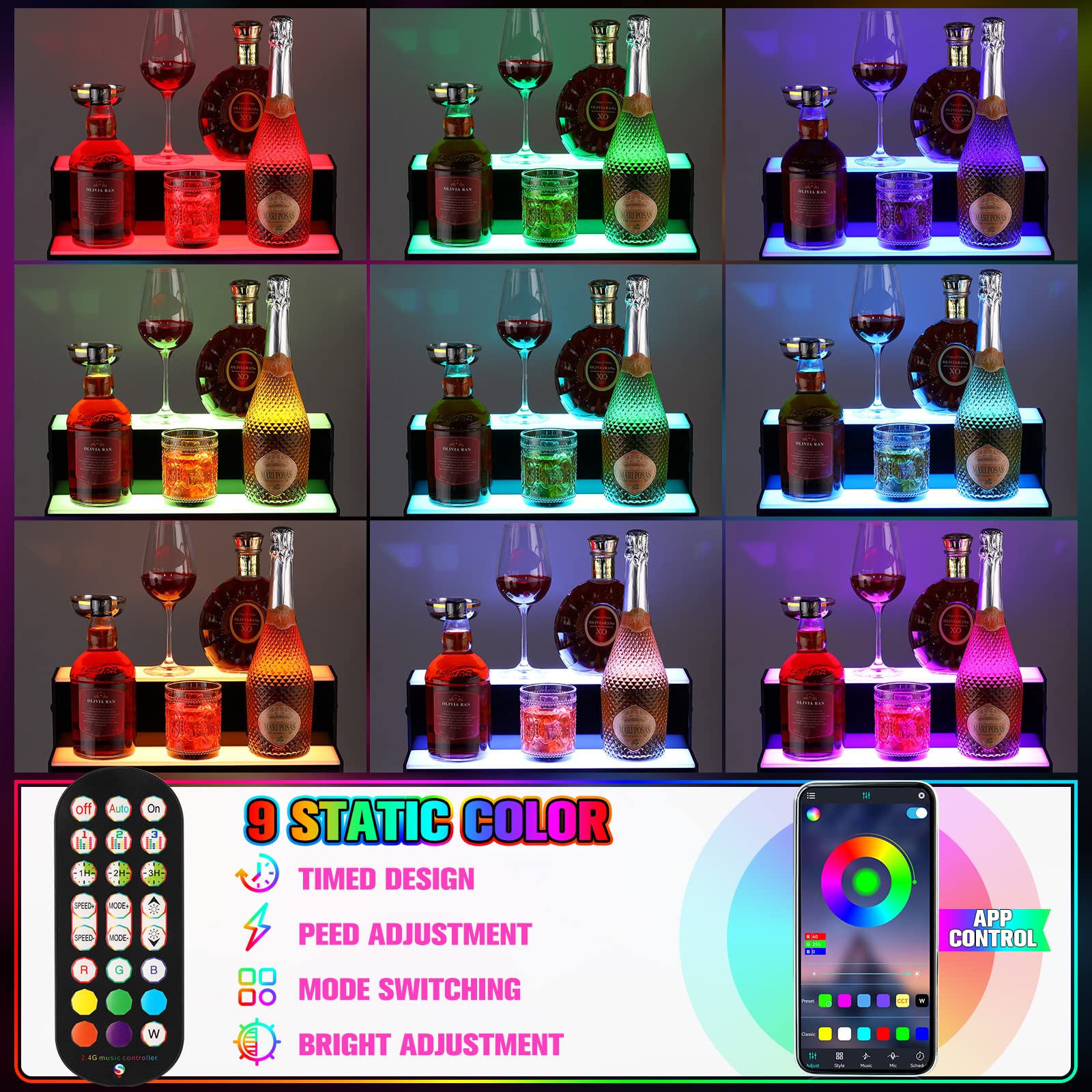 Qunclay 2 Pcs LED Lighted Liquor Bottle Display Bar Shelf 16 Inch 2 Step Illuminated Bar Bottle Alcohol Shelves for Home Bar Commercial Counterparty Acrylic Whiskey Rack Stand with Remote App Control
