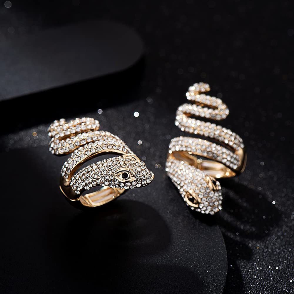 Snake Design Full Rhinestone Gold Plated Free Size Stretch Rings for Women Personalized Ring (Gold Plated)