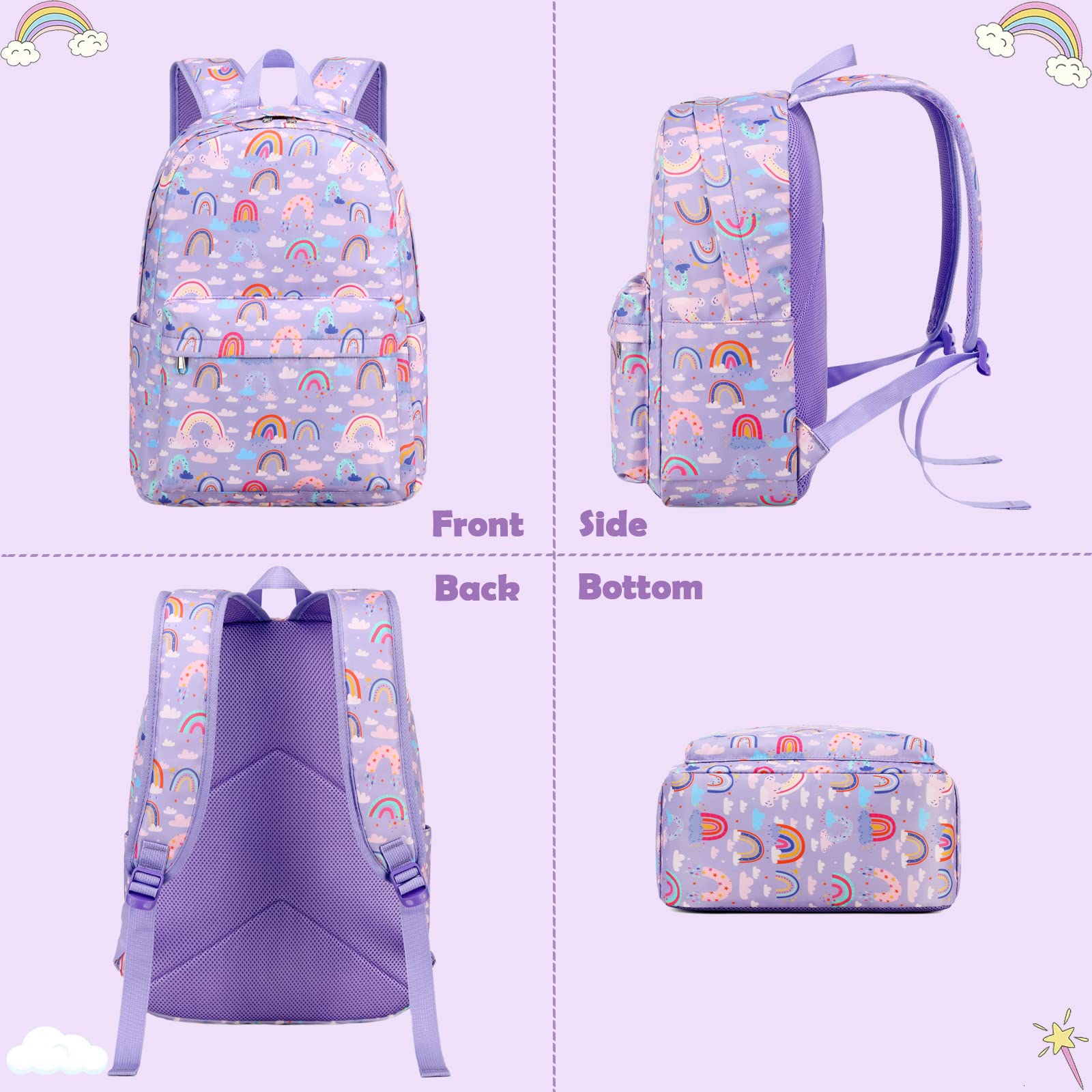 Rainbow Backpack for Girls, 3PCS Rainbow Backpack with Square Lunch Bag & Pencil Case Set for Girls, Large Capacity Kids School Bookbag Set for Preschool Kindergarten Elementary School