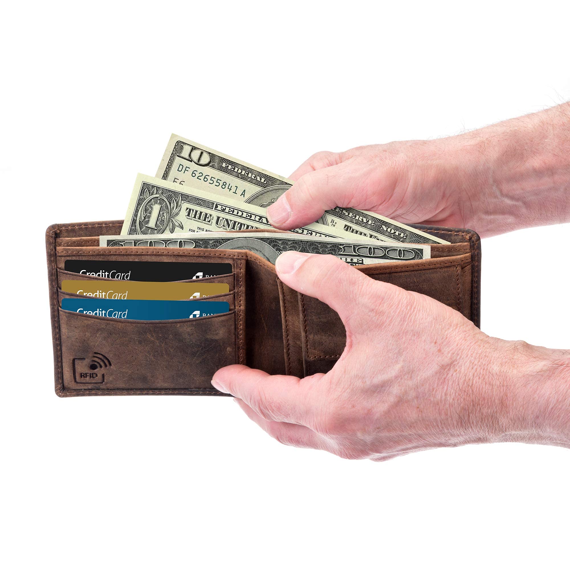 moonster Mens Leather Wallet with RFID Blocking - Keeps Cash and Cards Safe, Organized and Easy to Access - Slim, Minimal Wallets for Men - Full Grain Buffalo Leather - Comes in Stylish Gift Box