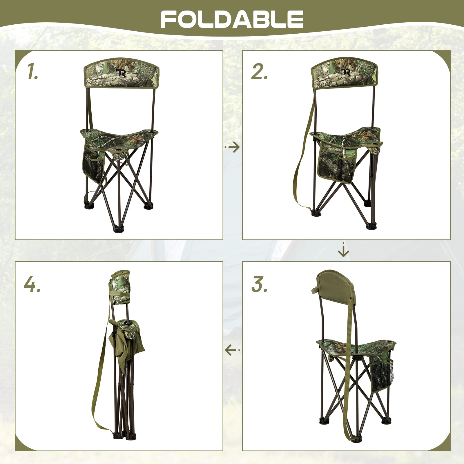 TR Tall Camping Stool Lightweight Portable Tripod Chair with Backrest Folding Tripod Stool for Adults Camping Fishing Hunting with Carry Strap