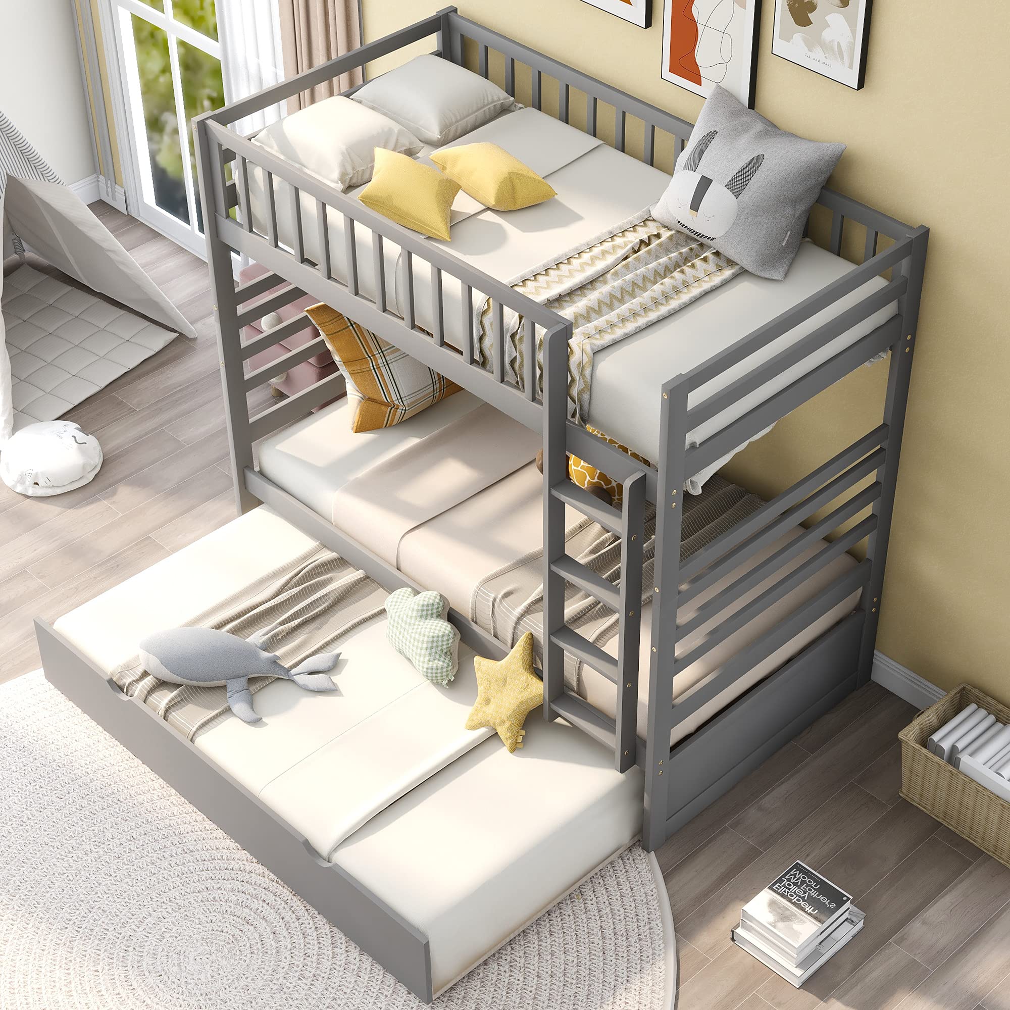 Morhome Twin Over Twin Bunk Bed with Trundle, 3 in 1 Triple Bunk Beds with Side Ladders and Safety Guard Rail for for Kids Adults Teens