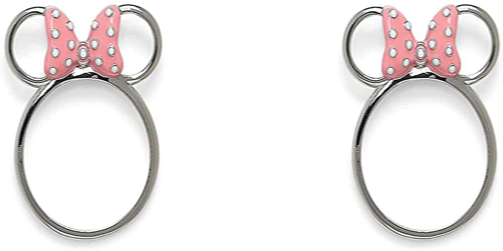 Pura Vida Silver Disney Minnie Mouse Cutout Stud Earrings w/Pink Bow Enamel - Brass Base, Sterling Silver Posts - 1 Pair