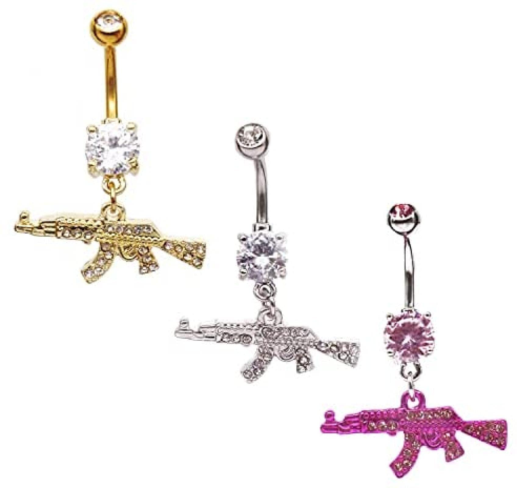 ZHAIQIUYAN Fashion Dangle Navel Ring Clear Gem Gun Belly Button Ring Body Piercing Jewelry for Women Belly Piercing (gold)