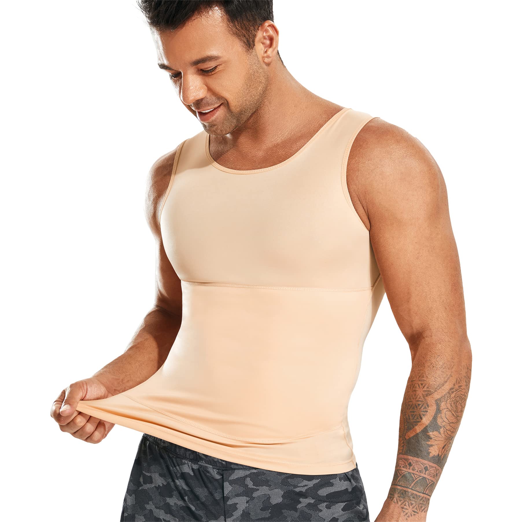 Mens Compression Shirt Slimming Body Shaper Vest Workout Tank Tops Abs Abdomen Undershirts (Beige, L)