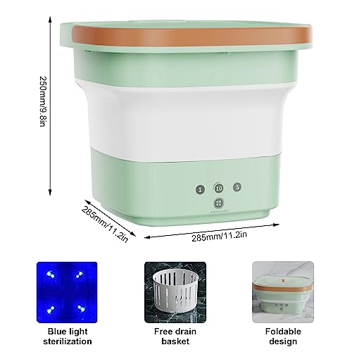 Portable Washing Machine, 6 L 3-Speed Adjustment Mini Foldable Washer with Drain Basket USB Compact Outdoor Washing Machine for Underwear, Sock, Suitable for Travel, Camping,Apartments(Green)