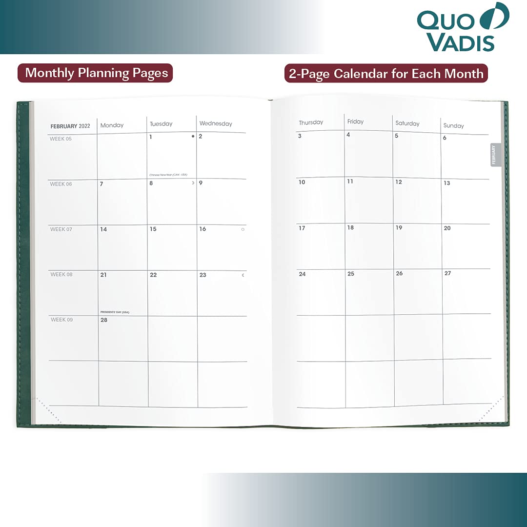 Quo Vadis 2023-2024 Note 21 Weekly Planner 17 Months, Aug. to Dec. 6" x 8 1/4" Smooth Faux Leather Billy Green - A Modern Design for Journaling and Detailed Planning