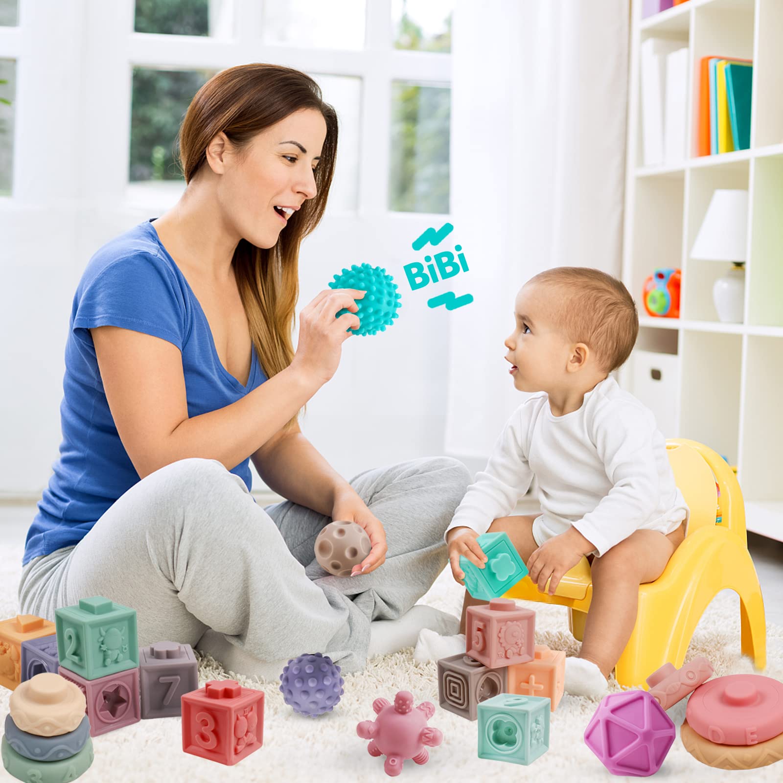 TSYAN Baby Blocks Soft Building Blocks Montessori Toys for Infant 0-6 6-12 Months Baby Sorting and Stacking Sensory Teething Toys Educational Learning Stacking Tower for Newborns Toddlers Babies