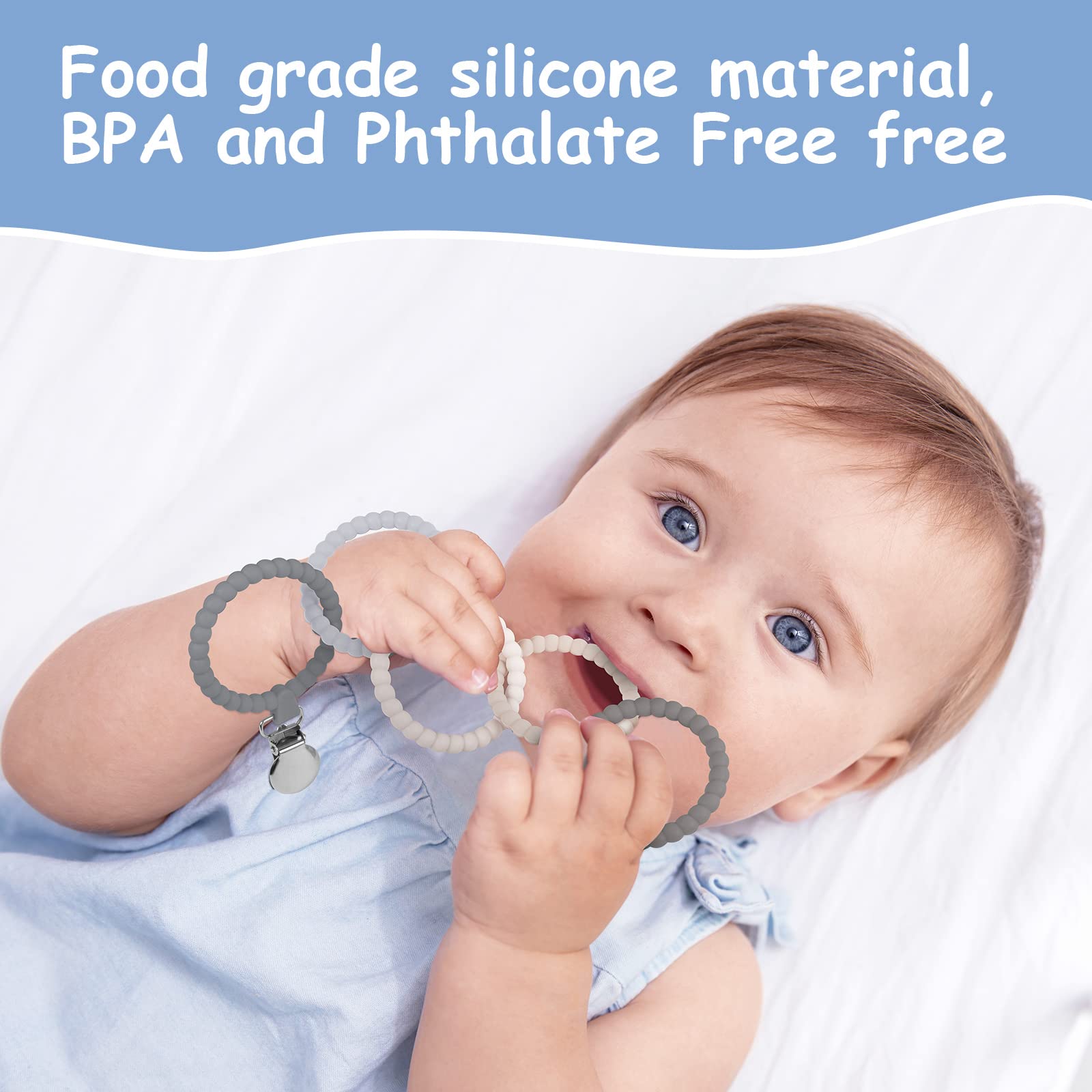 Vicloon Silicone Baby Teether Linking Rings,Silicone Teether Toy for Baby,Baby Toy Rings with Pacifier Clip,Attachable Teether Chew Toy for 3-6 Months,Baby Toy Rings Links for Stroller&Activity