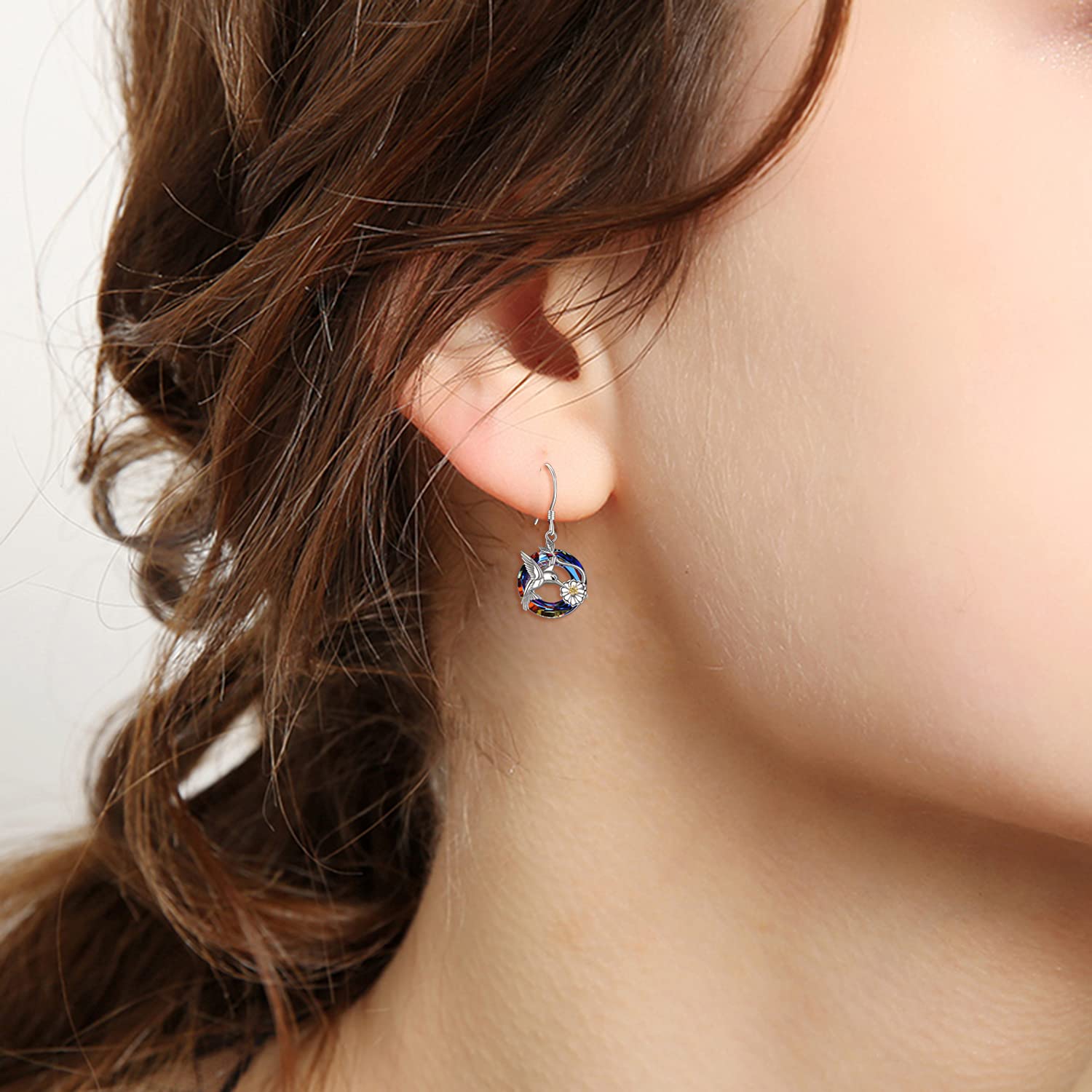 POPLYKE Hummingbird Earrings for Women Sterling Silver Hummingbird Bird Daisy Flower Dangle Drop Earrings with Volcano Circle Crystal Gifts(volcano)