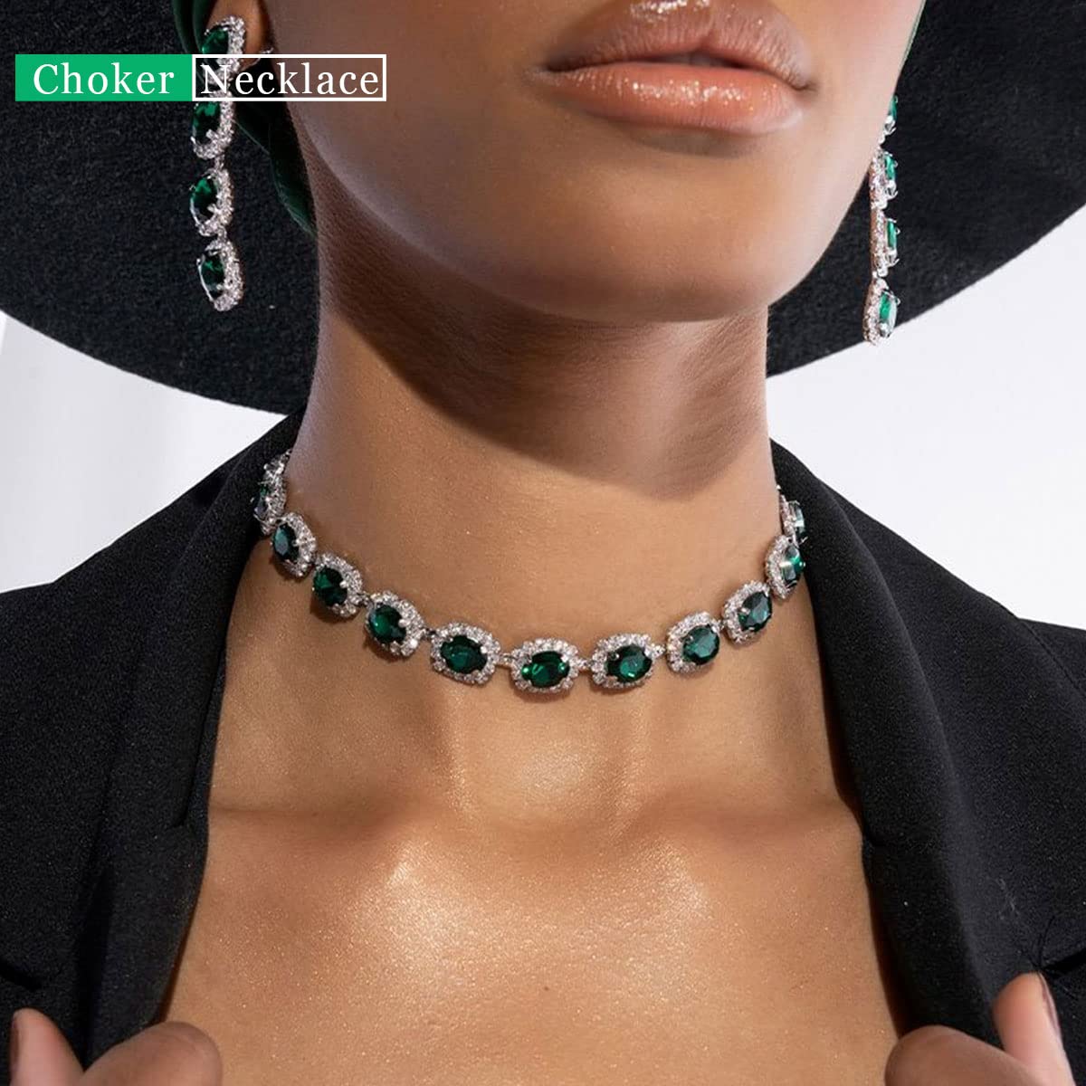 STONEFANS Emerald Green Rhinestone Choker Necklace For Women Sparking Square Rhinestone Choker Collar Statement Silver Neck Jewelry (Green)