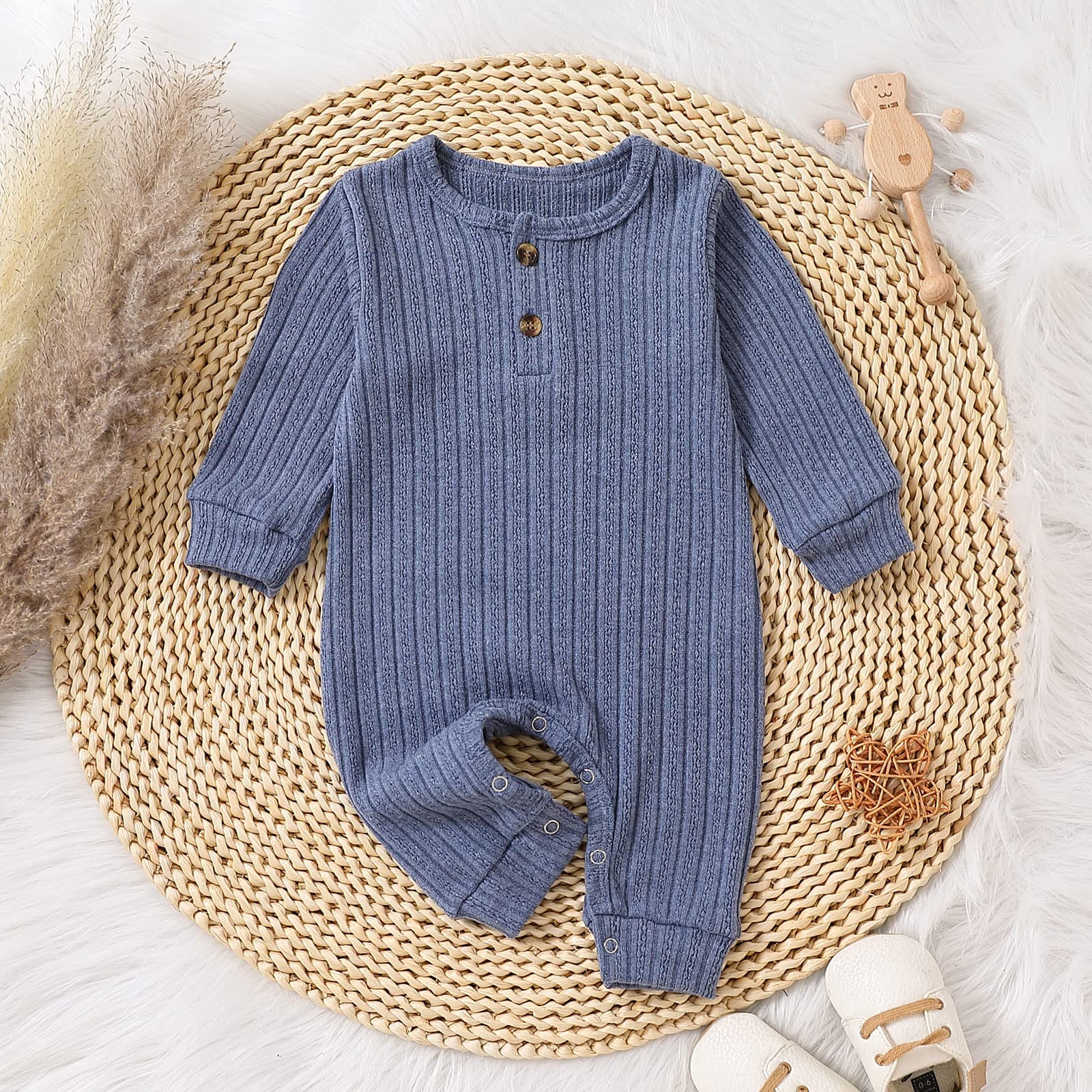 Yookoom Baby Boys Girls 2 Pack Solid Romper Long Sleeve Knit Cotton Button One Piece Jumpsuit Outfits Clothes,Blue+Coffee,0-3M
