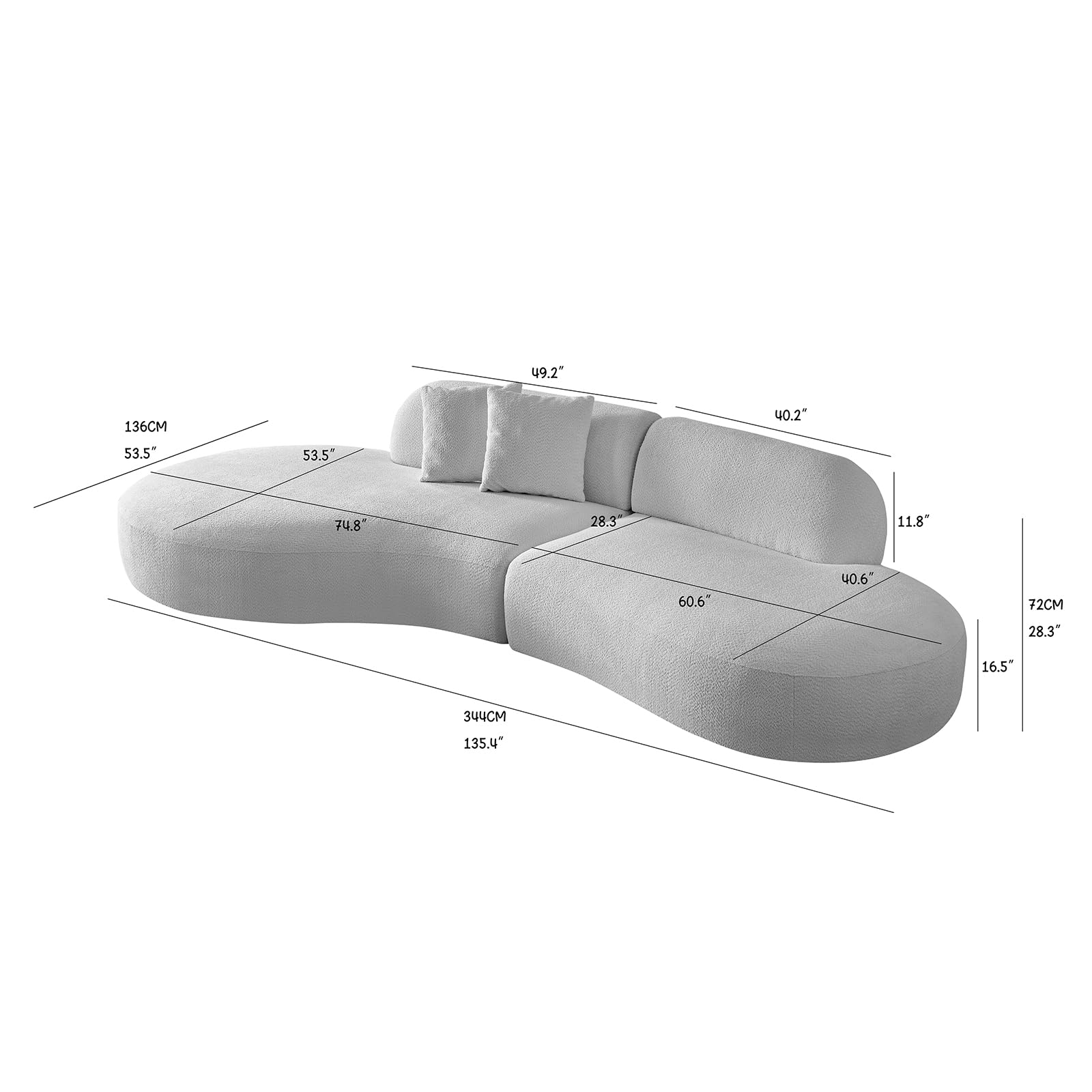 YOPENG 135.4" Curved Modular Sectional Sofa,Modern Boucle Fluffy Cloud Couch with Chaise,Oversized 6 Seater Extra Deep Comfy Upholstered Couches for Living Room,Apartment,2 Pillows,Left Facing,Beige