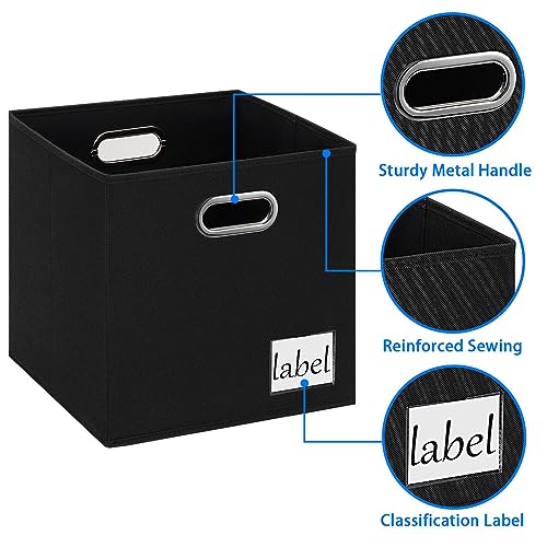 RVSNQ 13x13x13 Storage Cube Bins (Set of 4), Fabric Cubes Storage Bin with Metal Handles and Label, Collapsible Cube Storage Organizer Bins for Home, Office, Closet, Shelves, Nursery(Black)