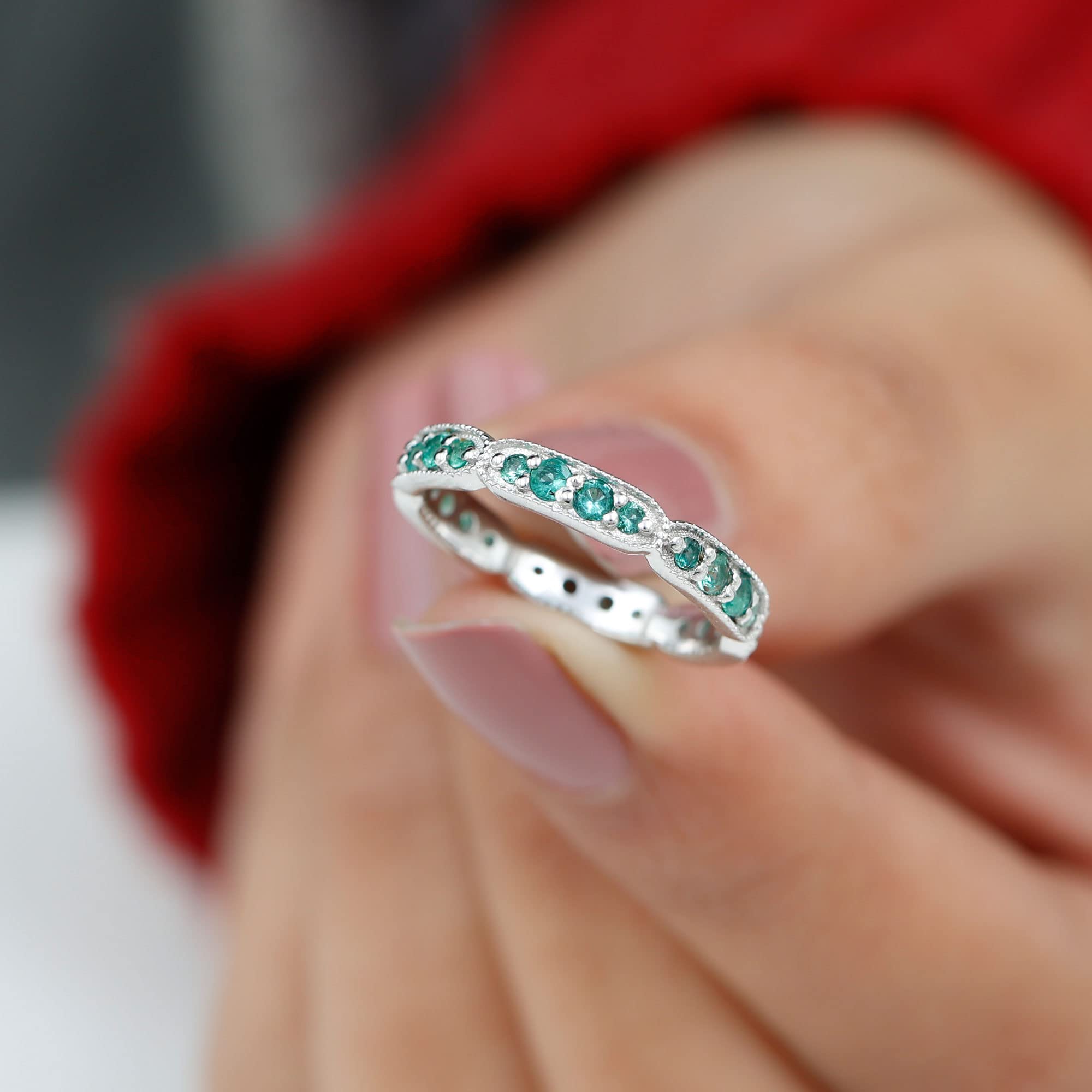 Real Emerald Eternity Milgrain Wedding Anniversary Band Ring for Women, 1.25 cttw, May Birthstone, 14K White Gold, Size:US 5.00