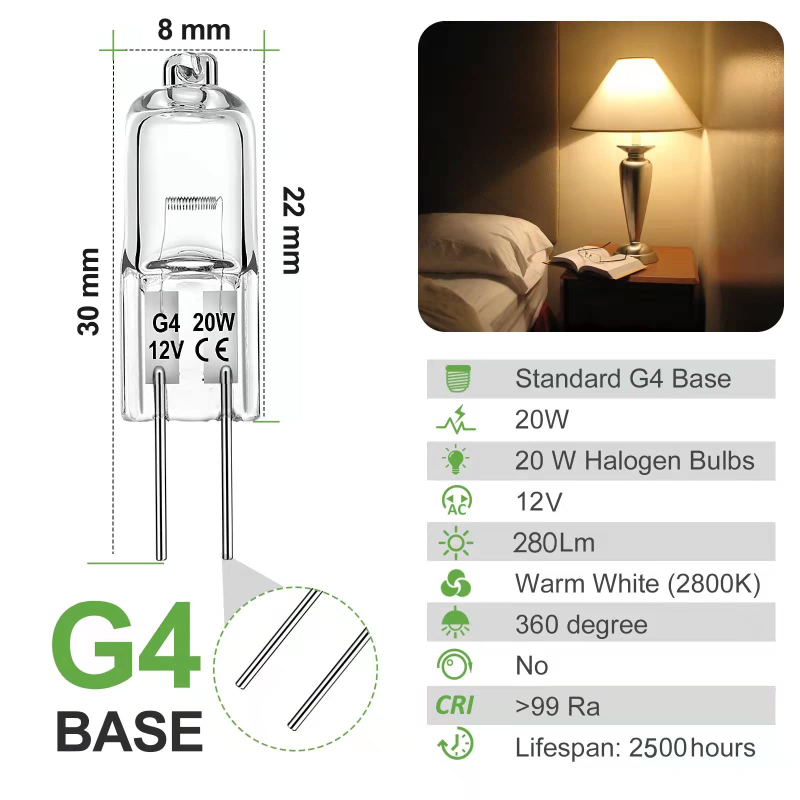 Shaquesy G4 Halogen Light Bulbs, 12 Pack 12V 10W 2 Pin Dimmable Long Life Halogen Bulbs Warm White 2800K for Oven,Kitchen Hood, Chandeliers, Under Cabinet Light Bulbs