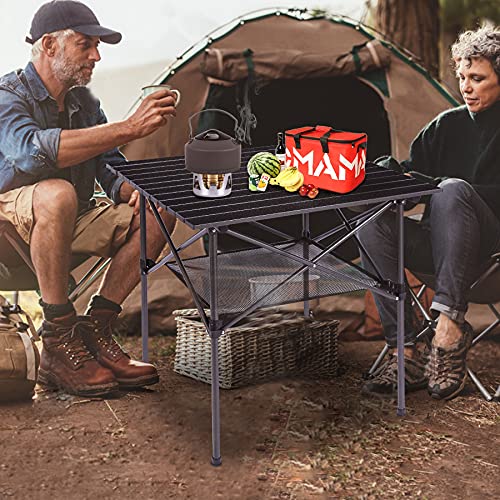 Stonehomy Aluminum Camping Table Roll Top with Mesh Storage, Folding Lightweight Roll Up Table Square for Outdoor Camping Grill, Black, 27.6X27.6 Inch