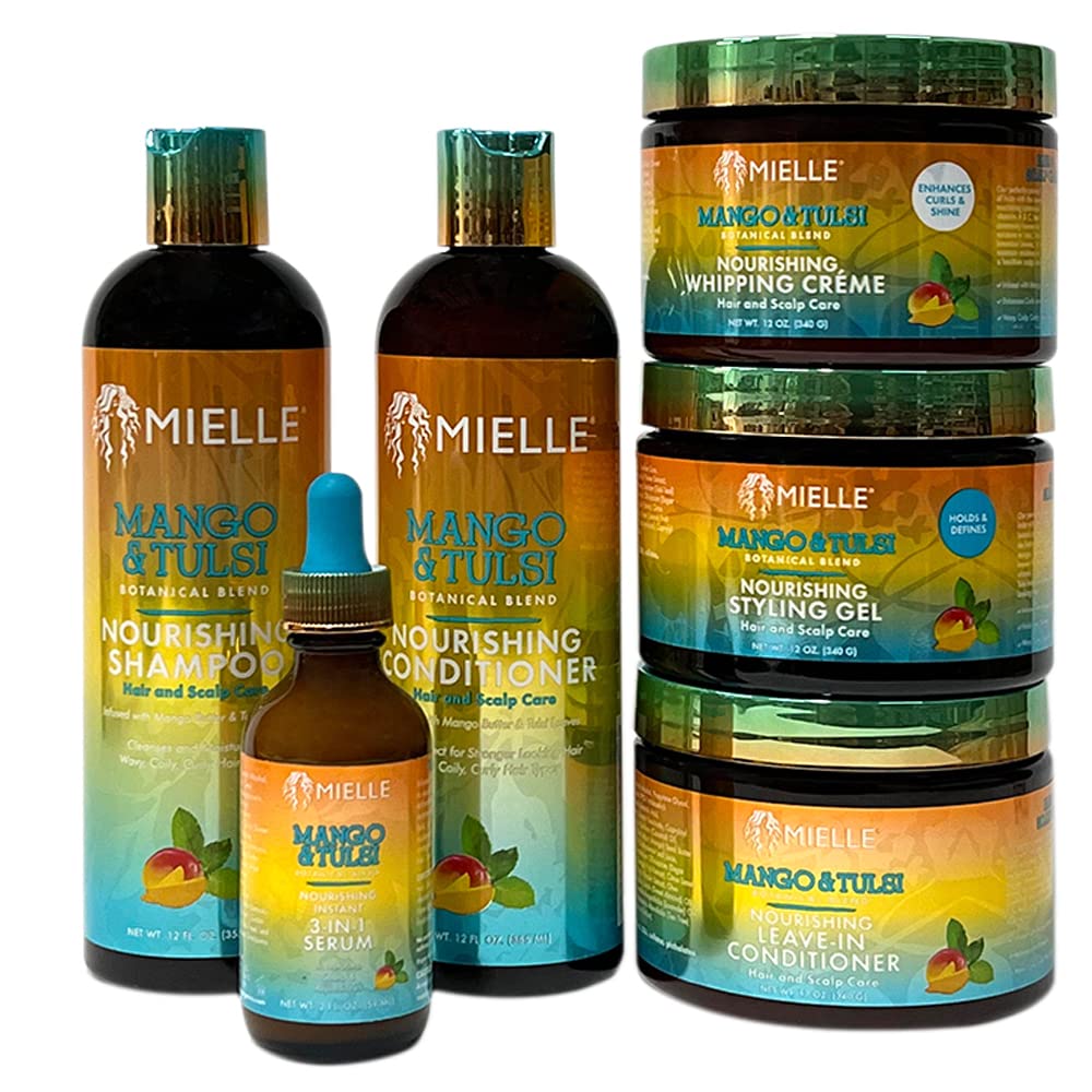 Mielle - Mango Tulsi - Nourishing Botanical Blend โ Infused with Mango Butter & Tulsi Leaves โ Scalp Care & Stronger Looking - Curly Hair Types โ Styling Bundle Set 6 PCS