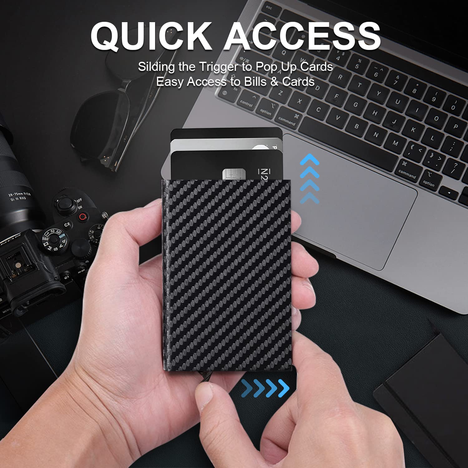 SLUKULU Slim Wallet for Men with Money Clip and Credit Card Holder, RFID Blocking Carbon Fiber Wallet,Minimalist Pop-Up Metal Front Pocket Wallet. (Black)