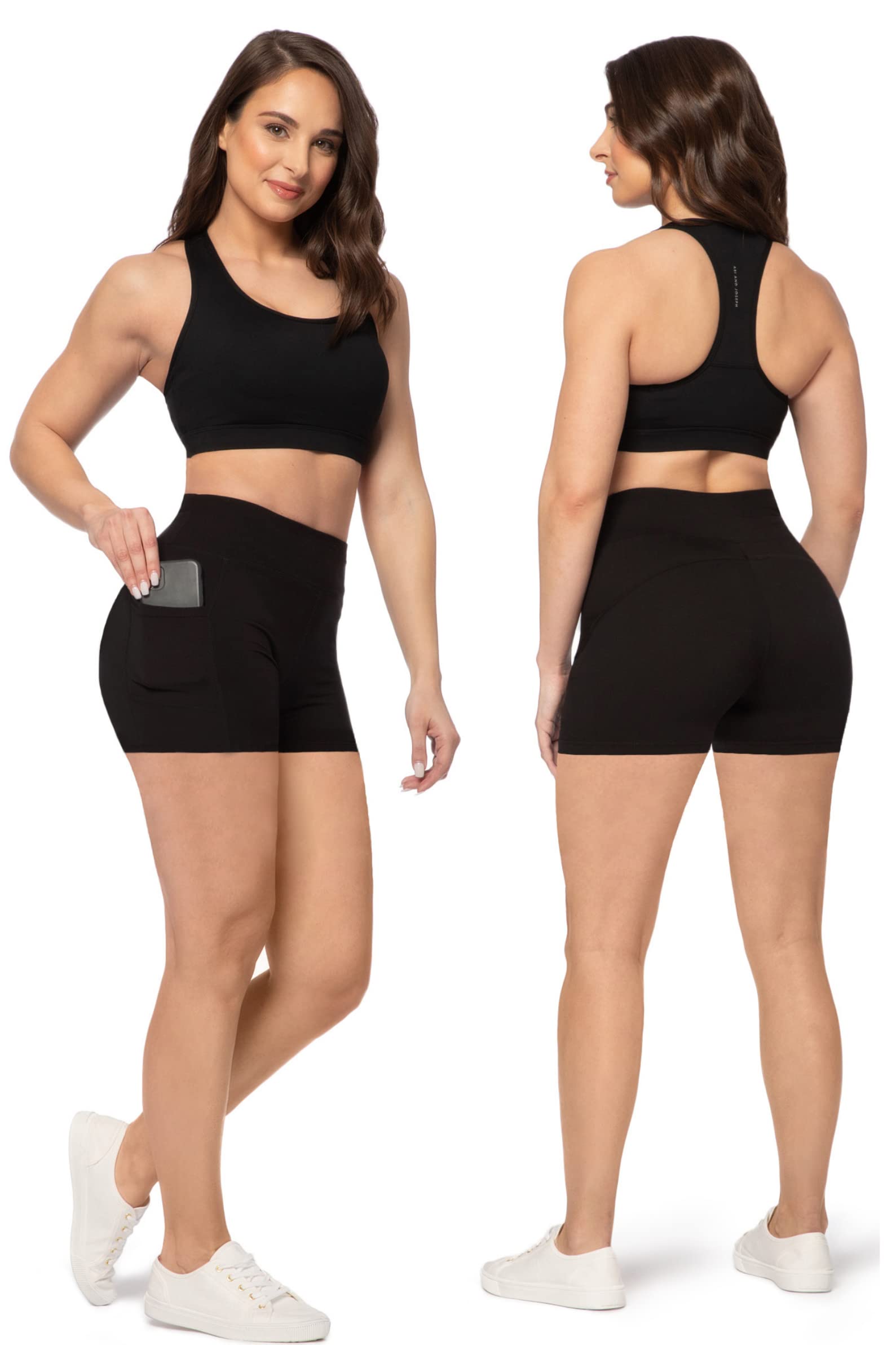 SATINA Womens Biker Yoga Shorts - High Waist with Pockets for Regular & Plus Size Women, 8-Inch, Black, Large