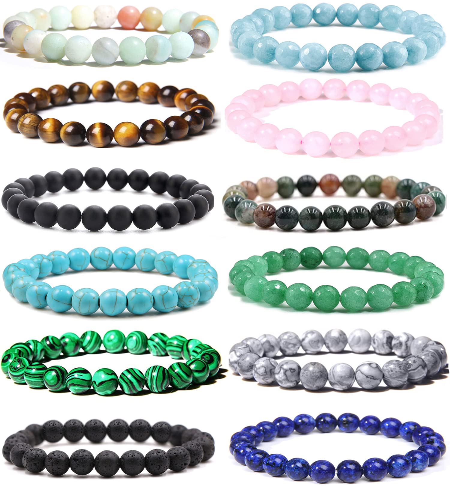 SAMOCO 12Pcs 8MM Semi Precious Gemstone Bracelets for Women Energy Healing Stone Beaded Bracelets Statement Crystal Bracelet Charm Bracelets Adjustable