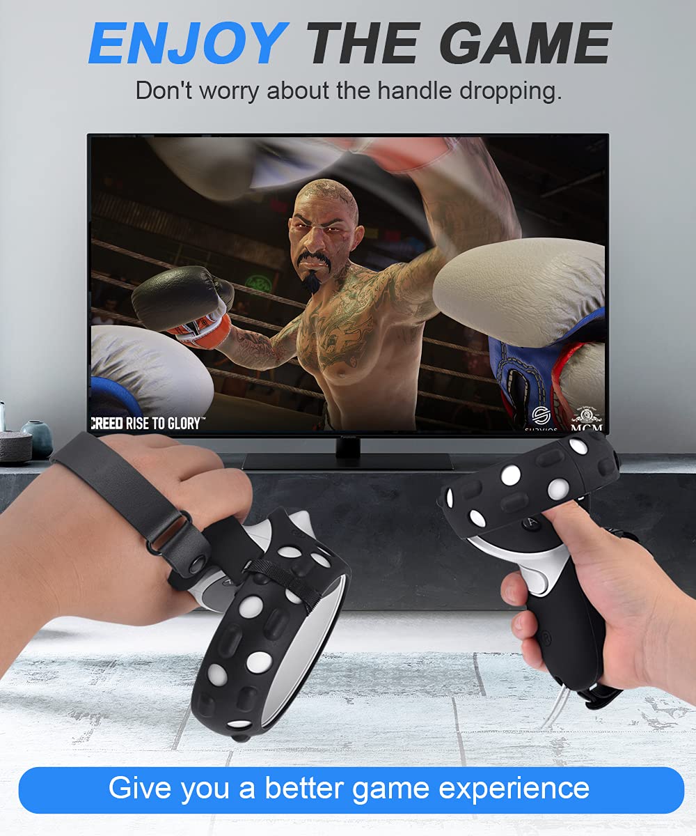 Raylove Silicone Touch Controller Grip Cover for Oculus Quest 2,Anti-Throw Handle Protective Sleeve Oculus Quest 2 Controller Grips Accessories with Nylon Adjustable Wrist Knuckle Strap(Black, 1 Pair)