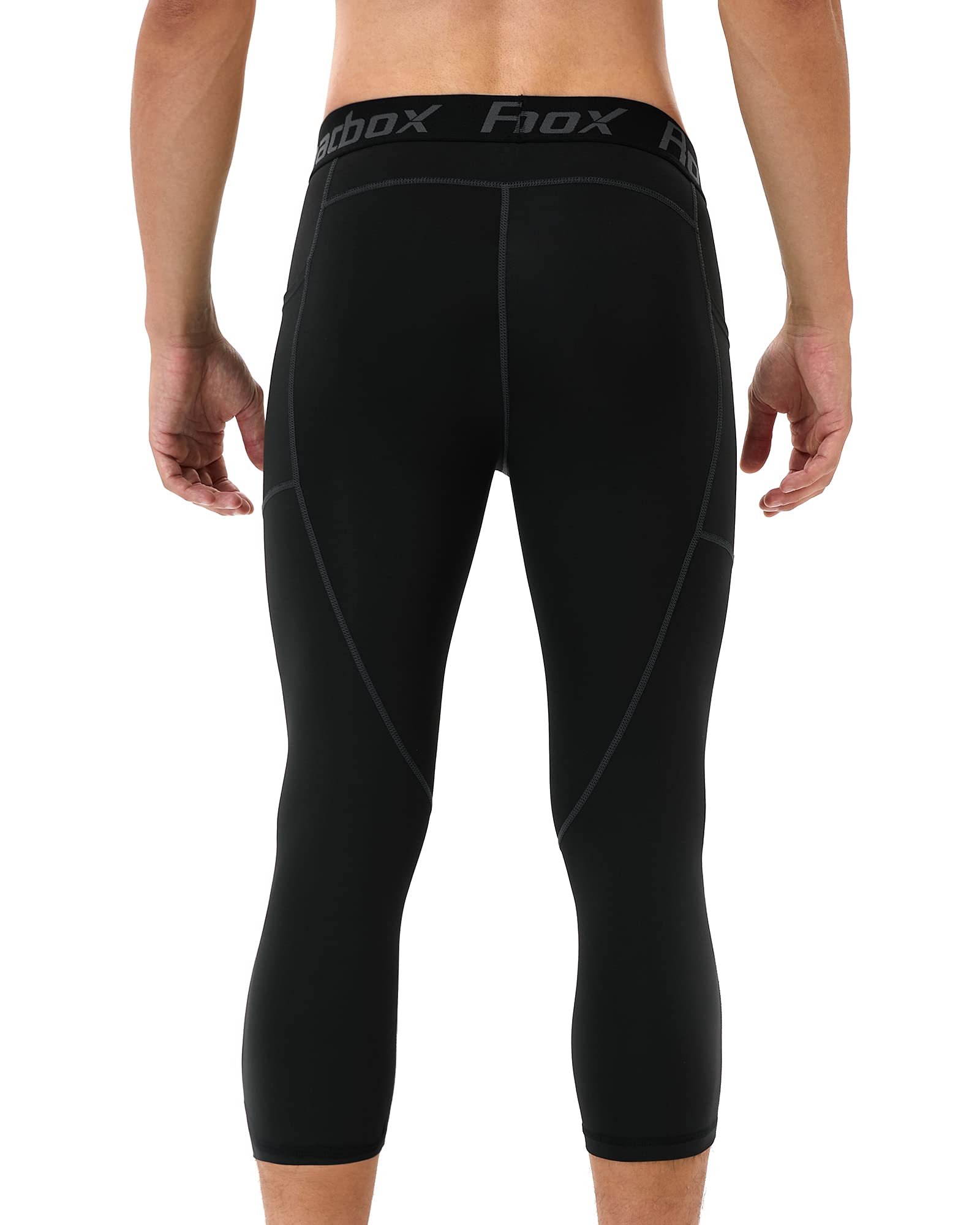Roadbox Mens 3/4 Compression Pants with Pockets Running Workout Baseketball Base Layer Legging Tights