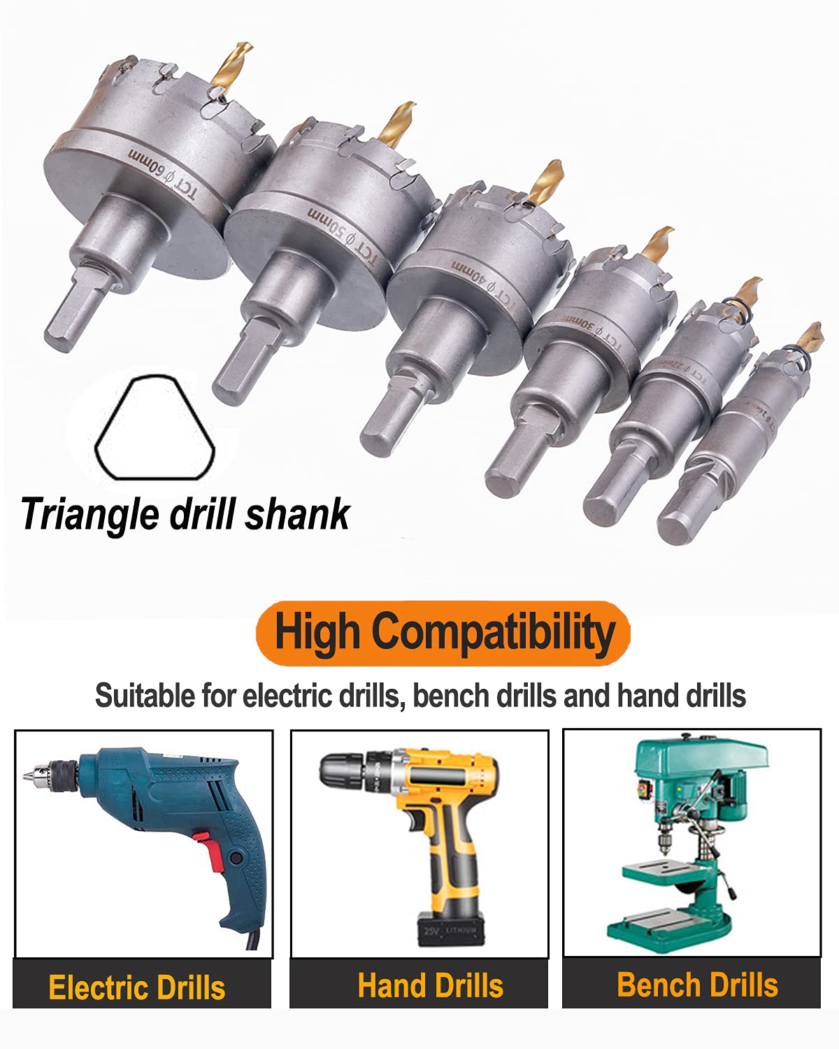 Rocaris 6 Pack Drill Bit Hole Saw Set 16-60mm, Tungsten Carbide Tipped Cutters with 2 Pack Titanium-Plated Center Drill Bits for Hard Metal, Stainless Steel, Iron, Wood, Plastic