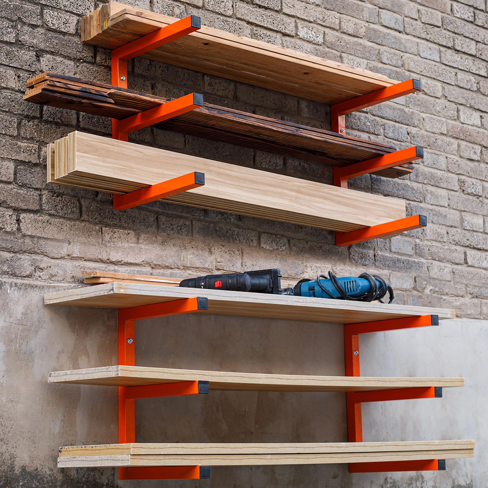 MOOMSINE Lumber Storage Rack Wall Mount, Heavy Duty Metal Wood Organizer with 6-Level Each Shelf Holds Up 200 Lbs, Indoor & Outdoor Use - 4pack