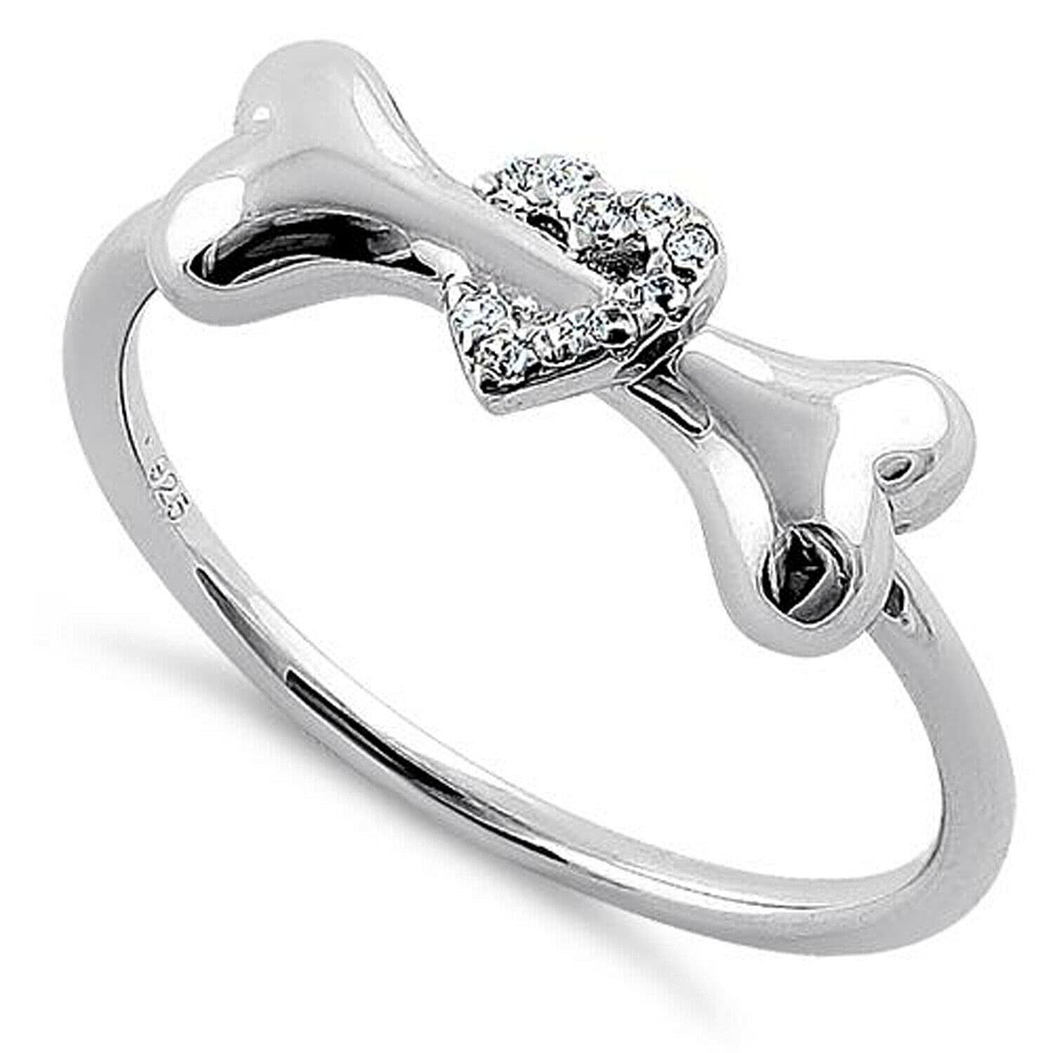 Sterling Silver 925 Dog Bone Ring Puppy Bone & CZ Heart Ring Pet Lover Jewelry (6)