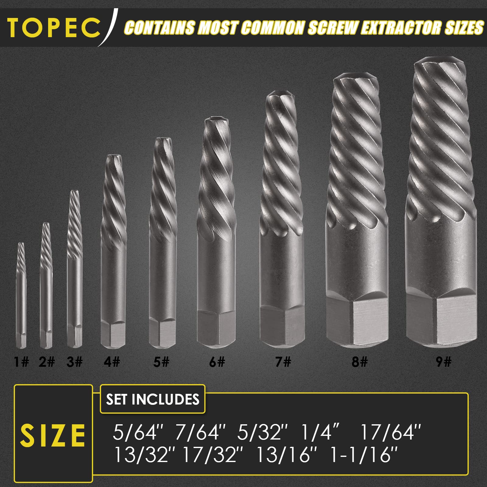 Topec 9 Piece Jumbo Spiral Flute Extractor -Easy Out Bolt Screw Extractor Set Square Shank Reverse Bit Set for Removing Broken Screws, Bolts, and Studs with Reverse Drill Bit Extractor Set