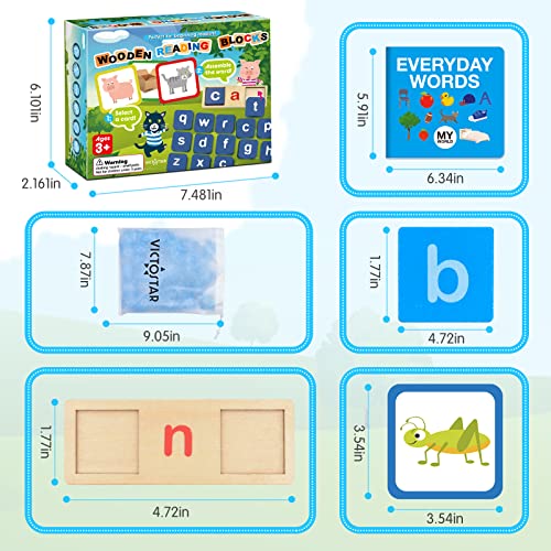 Victostar 121PCS Short Vowel Reading Letters Sorting Spelling Toy Set,Wooden Reading Blocks Learning CVC Sight Words Flashcards Alphabet Montessori Toy Gift for 3 4 5 Years Old
