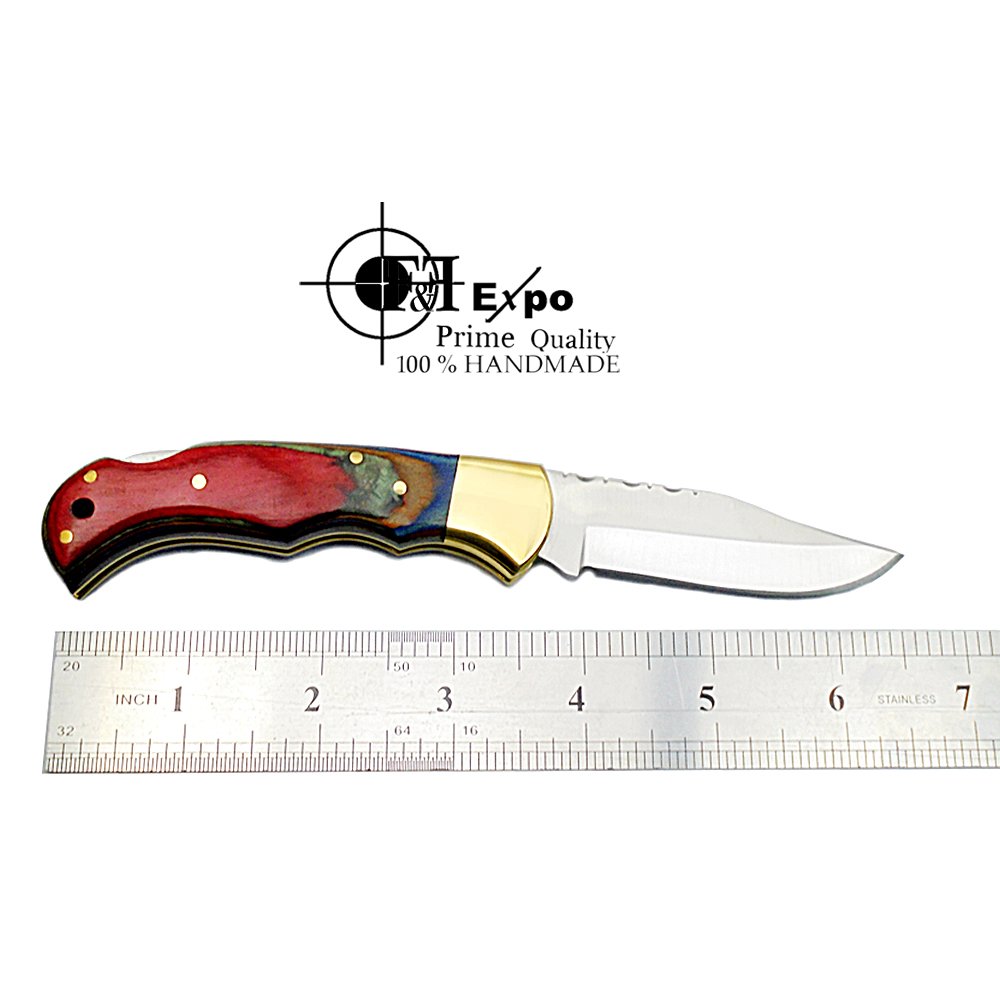 Multi Wood 6.5'' Handmade Stainless Steel Folding Pocket Knife Brass Bloster With Back Lock 100% Top Quality