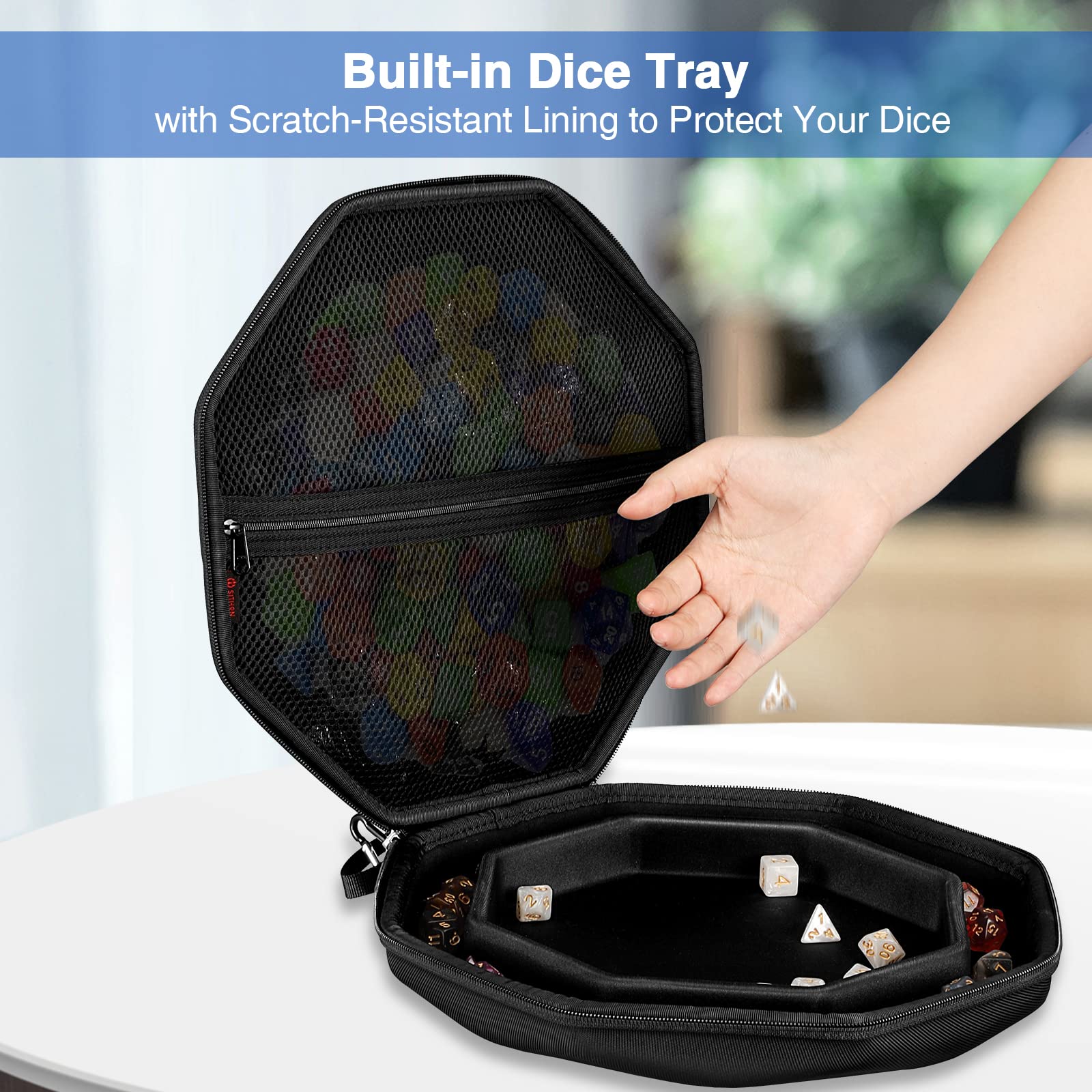 SITHON Dice Storage Case with Integrated Dice Tray for up to 300 D&D Dice, Portable Hard Shell Tabletop Dice Storage Travel Carrying Case with Handle Strap, Perfect for Game Night (Case Only)