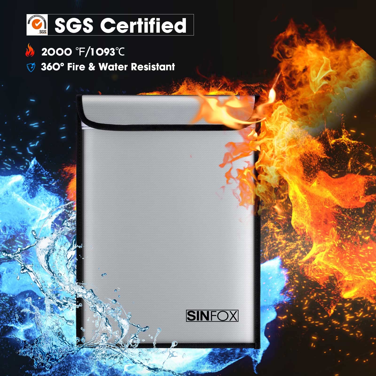 Sinfox Fireproof Document Bag, 14 x 11&15 X 11 Inches Waterproof Important Document Organizer, Fireproof Money Bag for Cash(2000℉) with Zipper Closure for File, Tablet, Passports, Certificate, Jewelry
