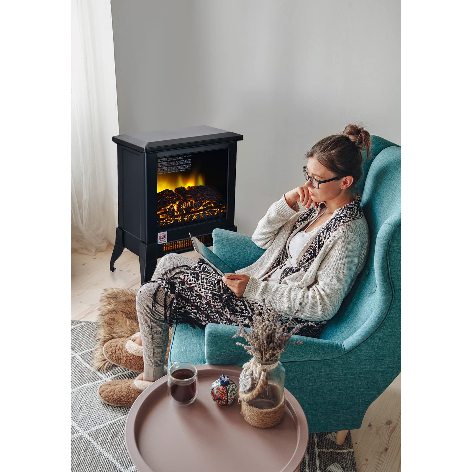 Tangkula 18 Inches Electric Fireplace Stove, 1400W Freestanding Fireplace Heater w/Realistic Flame Effect, Adjustable Temperature, Overheat Protection, Quiet Operation, Space Heater for Indoor Use