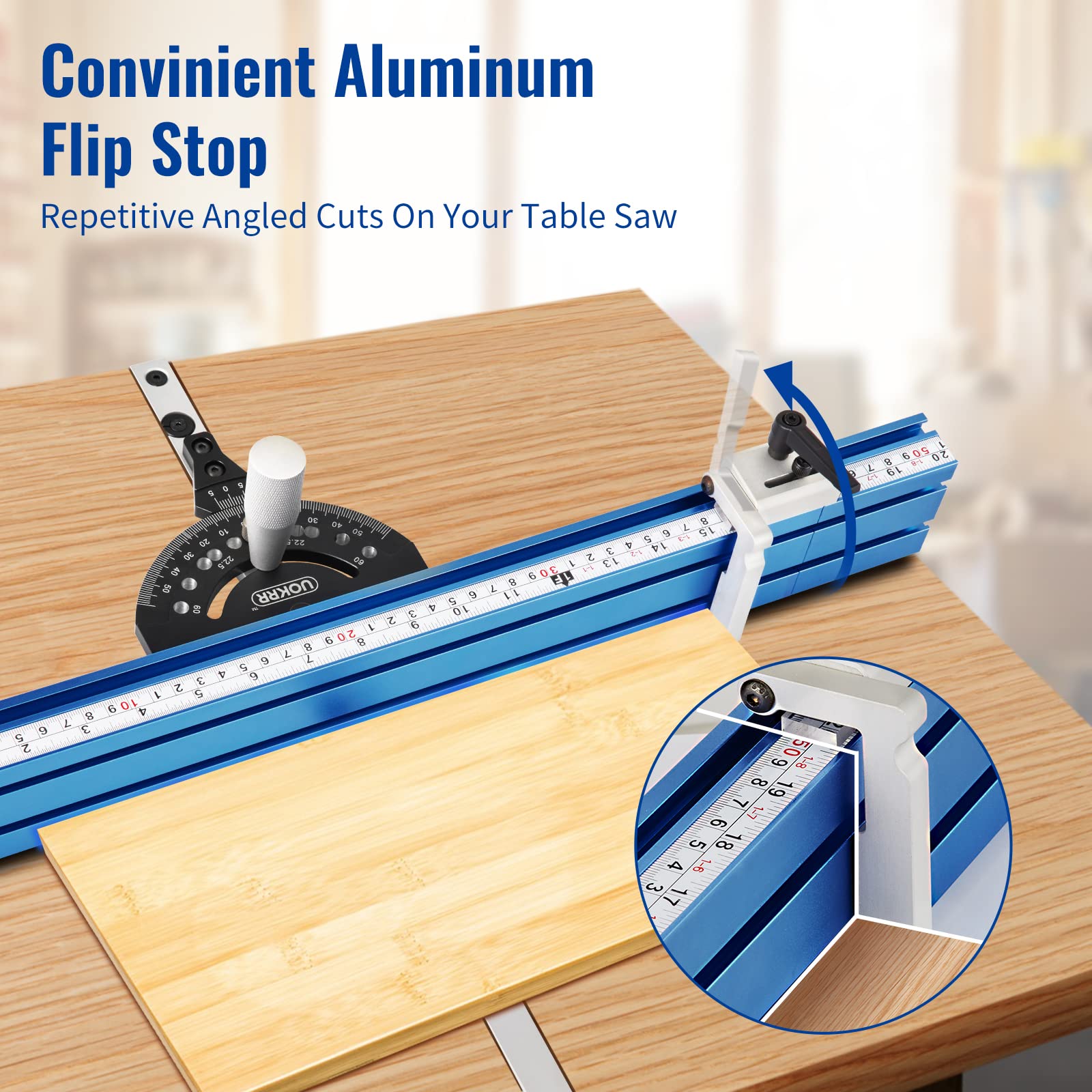 UOKRR Precision Miter Gauge for Table Saw Craftsman Telescoping 20'' to 36'' Aluminum Miter Fence Repetitive Cut Flip Stop 60° Angled Ends for Maximum Stock Support, Blue (UO036)