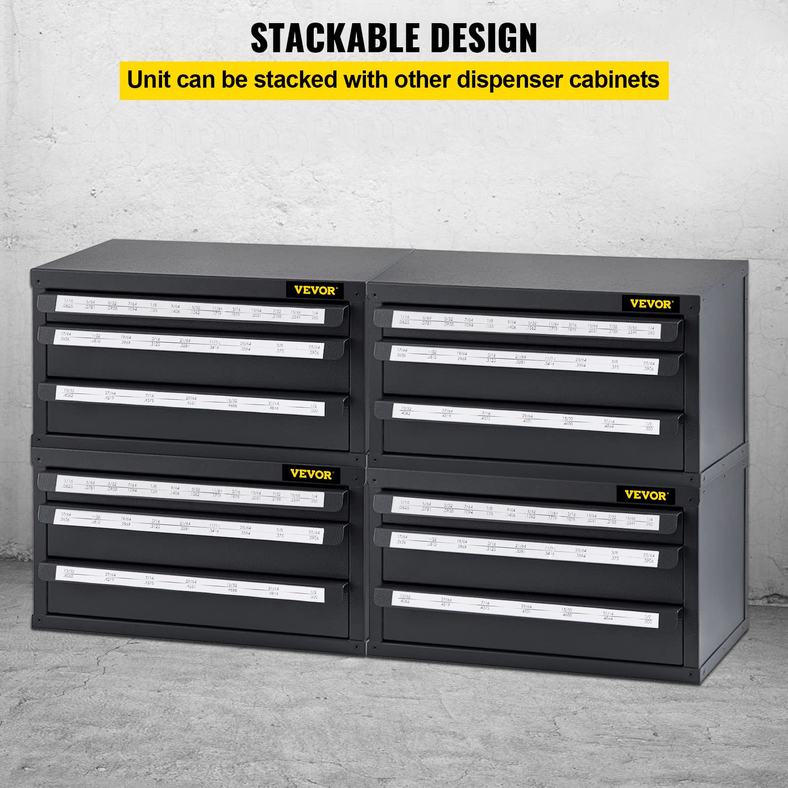 VEVOR Drill Bit Dispenser Cabinet, Three-Drawer Drill Bit Dispenser, Drill Bit Organizer Cabinet, Drill Dispenser Organizer Cabinet for Jobber Length Fractional Size 1/16" to 1/2" in 1/64" Increments